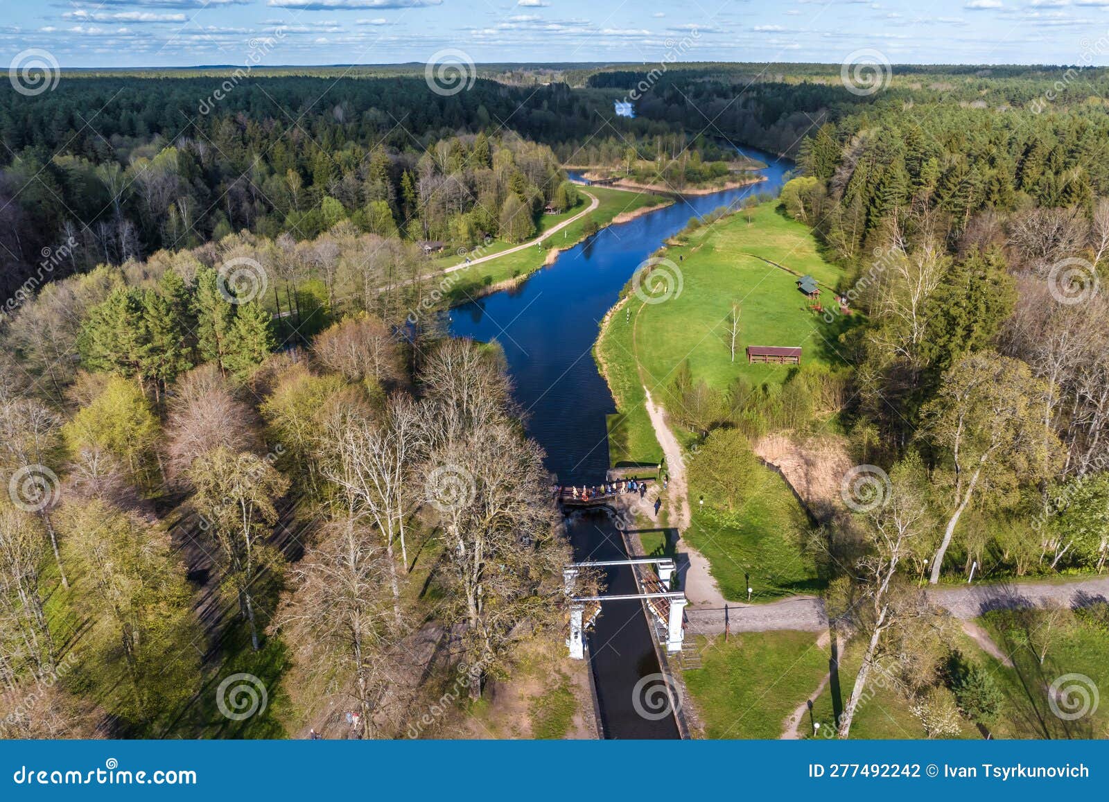 Aerial View Over Dam Lock Sluice on Lake Impetuous Waterfall Stock ...