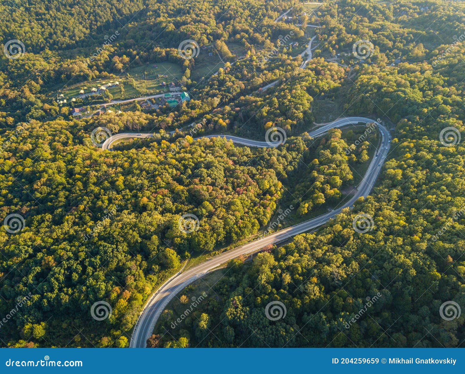 Aerial View Over Mountain Curvy Road Going through Forest Landscape ...