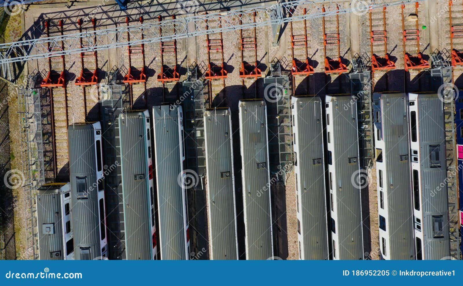 Aerial View Over Passenger Trains in Rows at a Station Stock Image ...