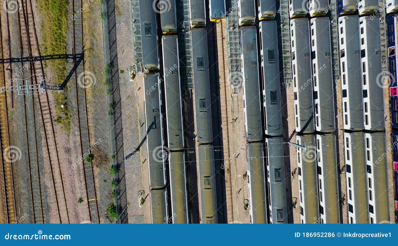 Aerial View Over Passenger Trains in Rows at a Station Stock Photo ...