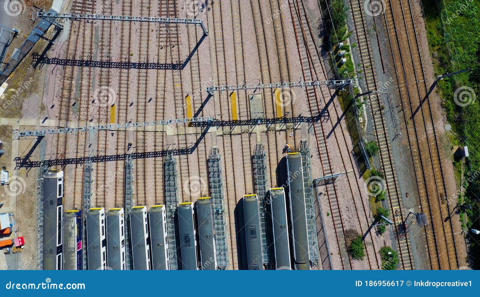 Aerial View Over Passenger Trains in Rows at a Station Stock Image ...