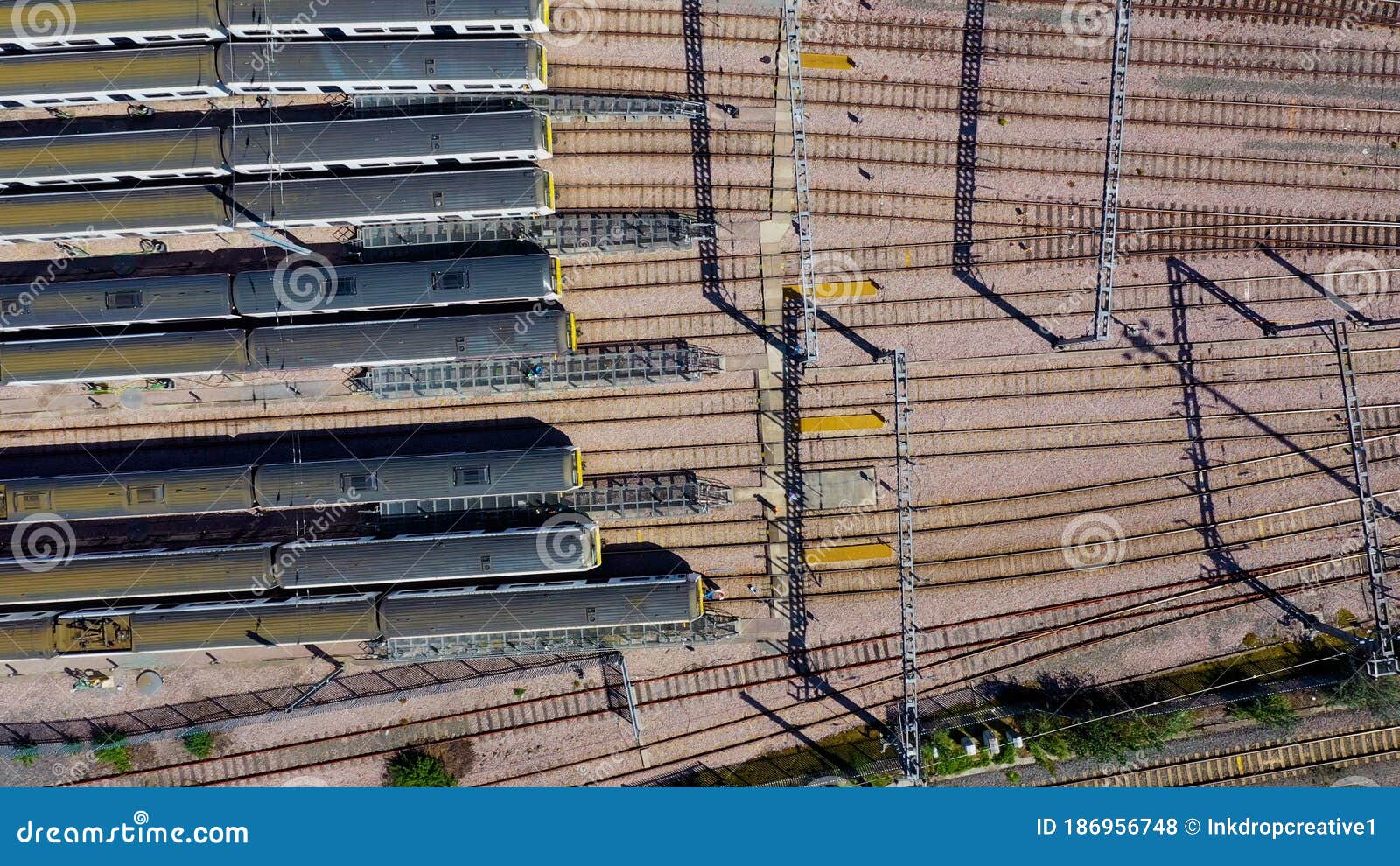 Aerial View Over Passenger Trains in Rows at a Station Stock Photo ...