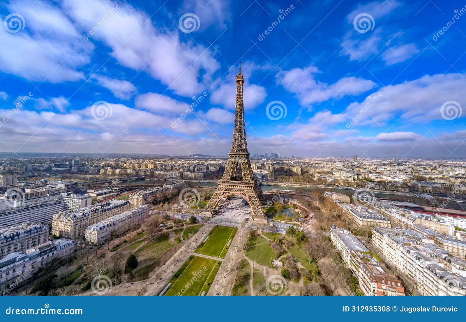 Aerial View Panorama of Eiffel Tower in Paris with Blue Sky and Clouds ...
