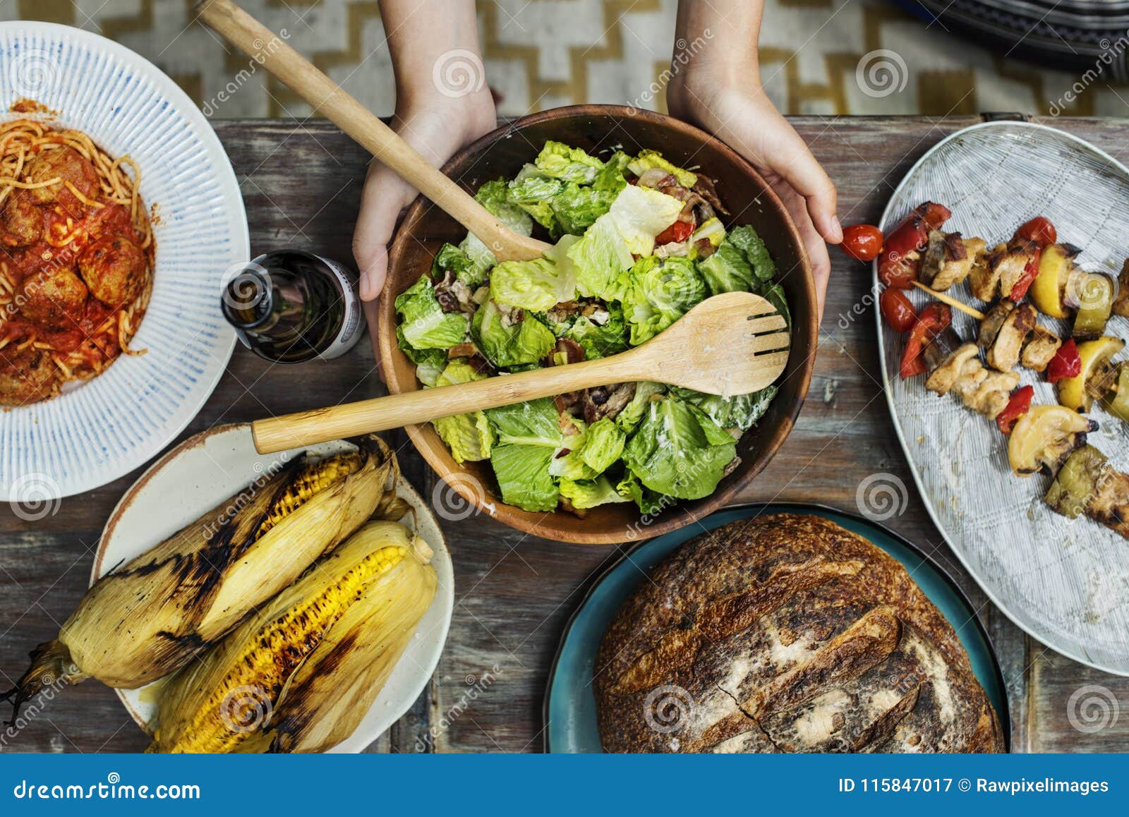 Aerial View of People Getting Food Stock Image - Image of flat, dish ...