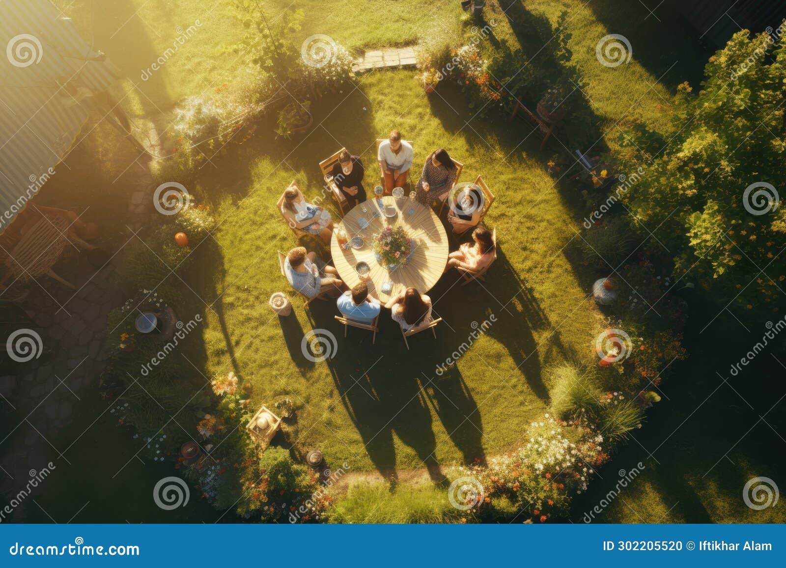 Aerial View of People Sitting at the Table in the Garden, AI Generated ...