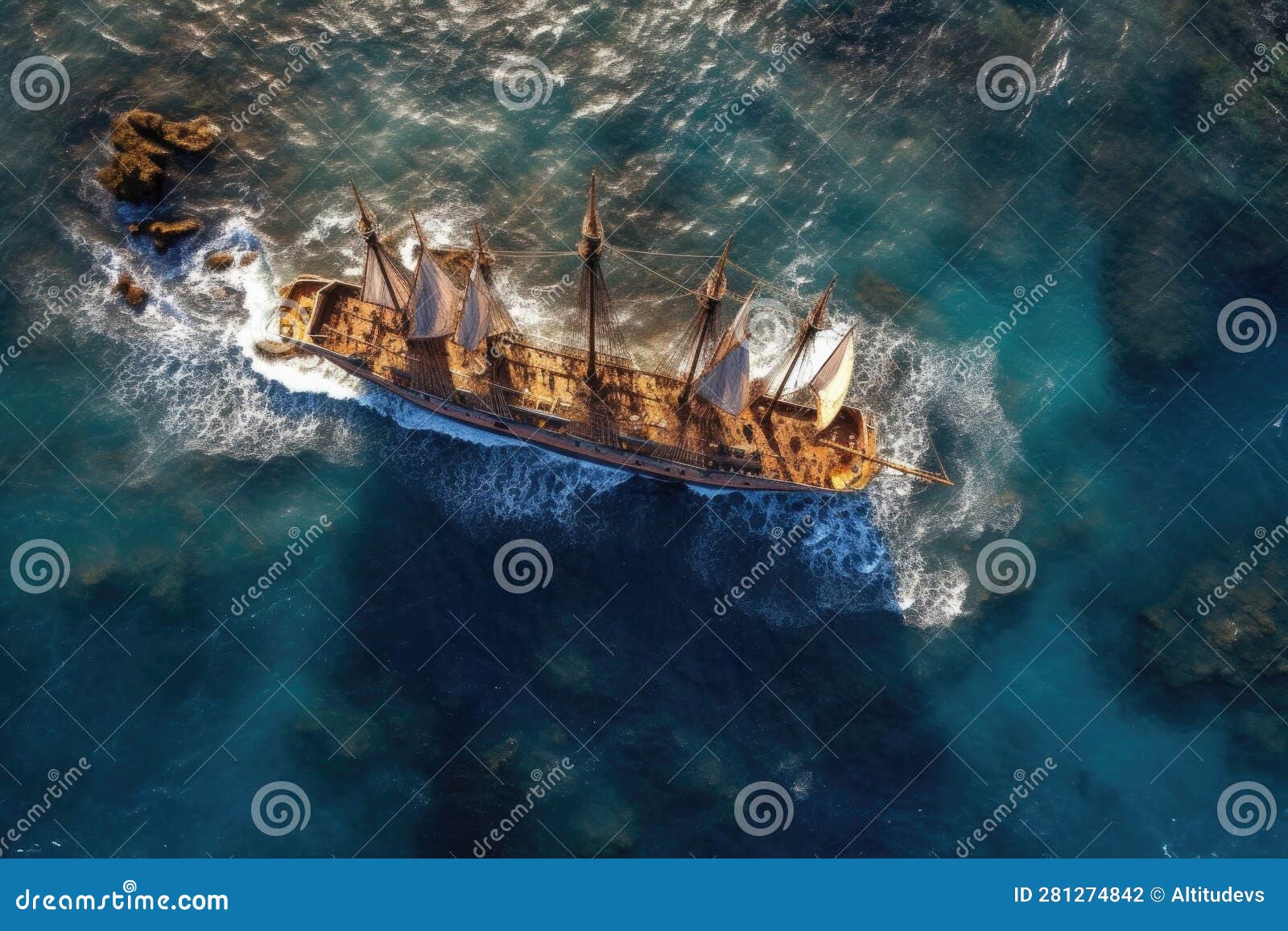 Aerial View of Pirate Ship Sailing at Sea Stock Photo - Image of ...