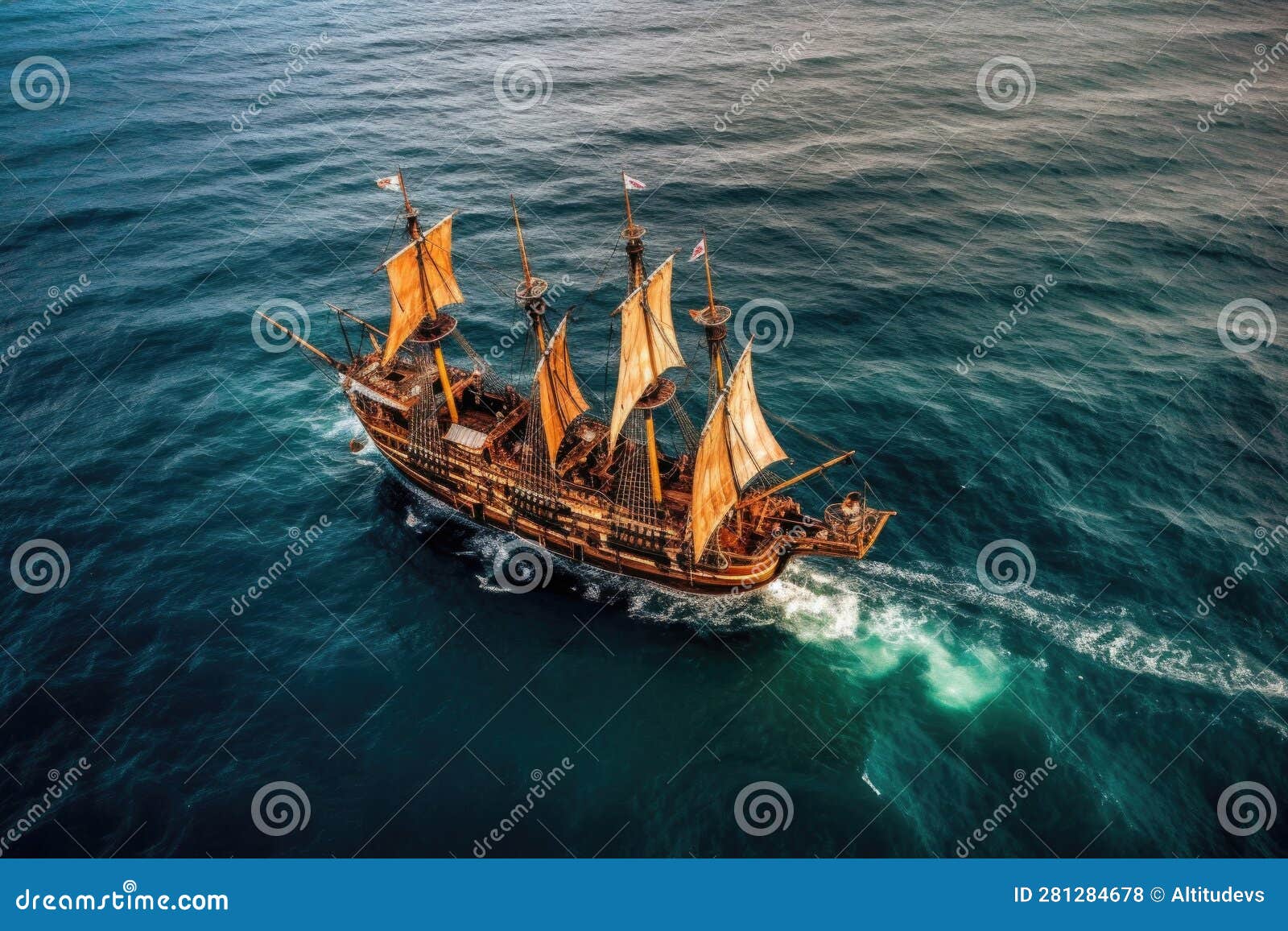 Aerial View of Pirate Ship Sailing at Sea Stock Photo - Image of waves ...