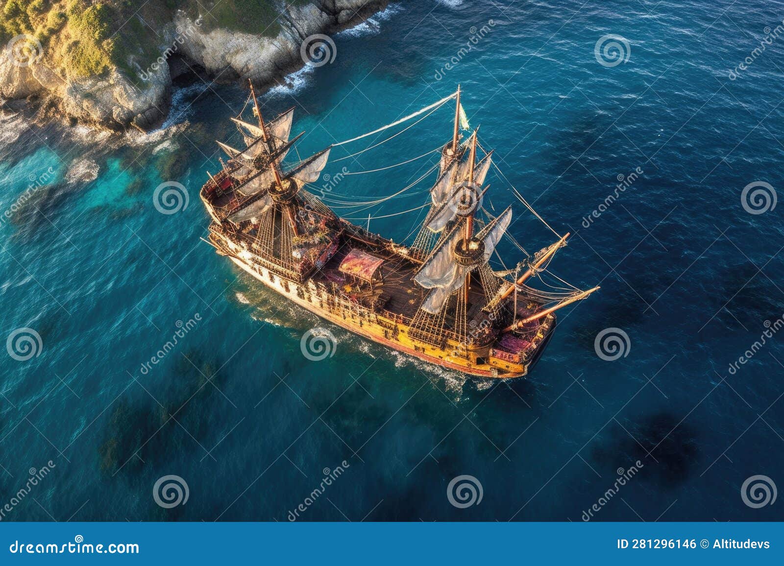 Aerial View of Pirate Ship Sailing at Sea Stock Illustration ...