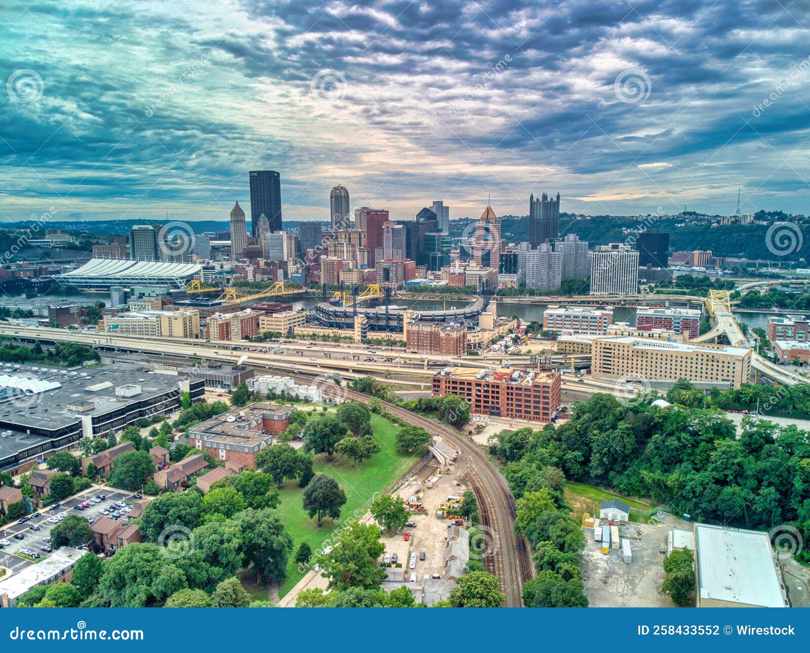 Aerial View of Pittsburgh Downtown Skyline with Bridges on Under ...