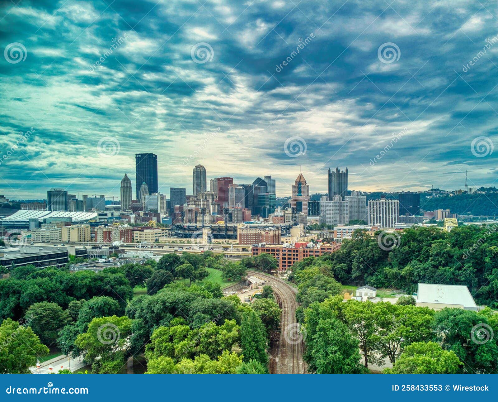 Aerial View of Pittsburgh Downtown Skyline with Bridges on Under ...
