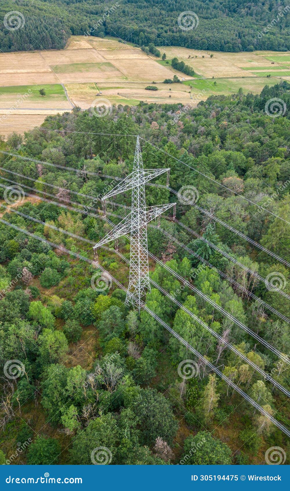 Aerial View of a Power Pylon between the Forest and the Fields Stock ...