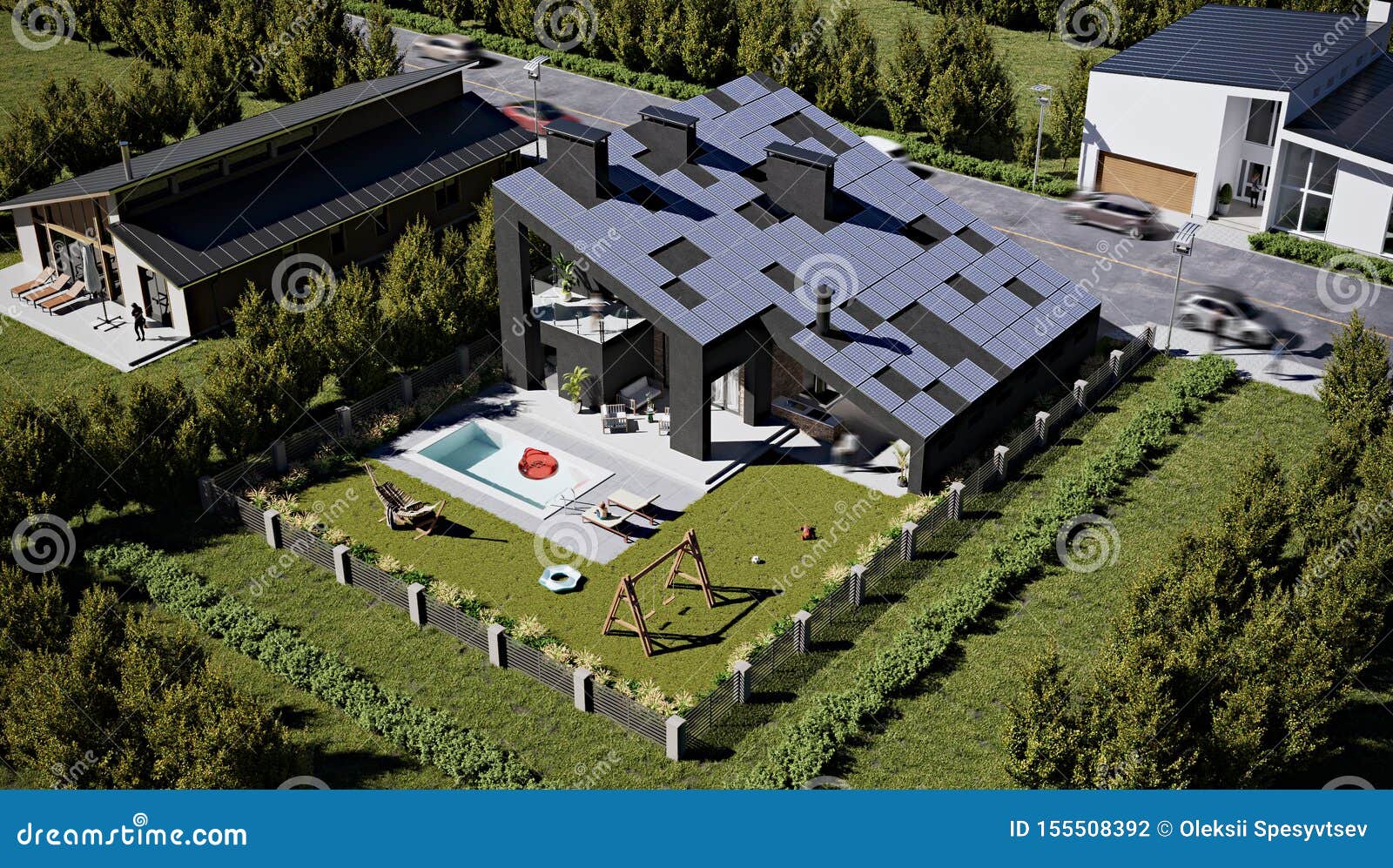 Aerial View of a Private House, 3d Rendering Stock Illustration ...