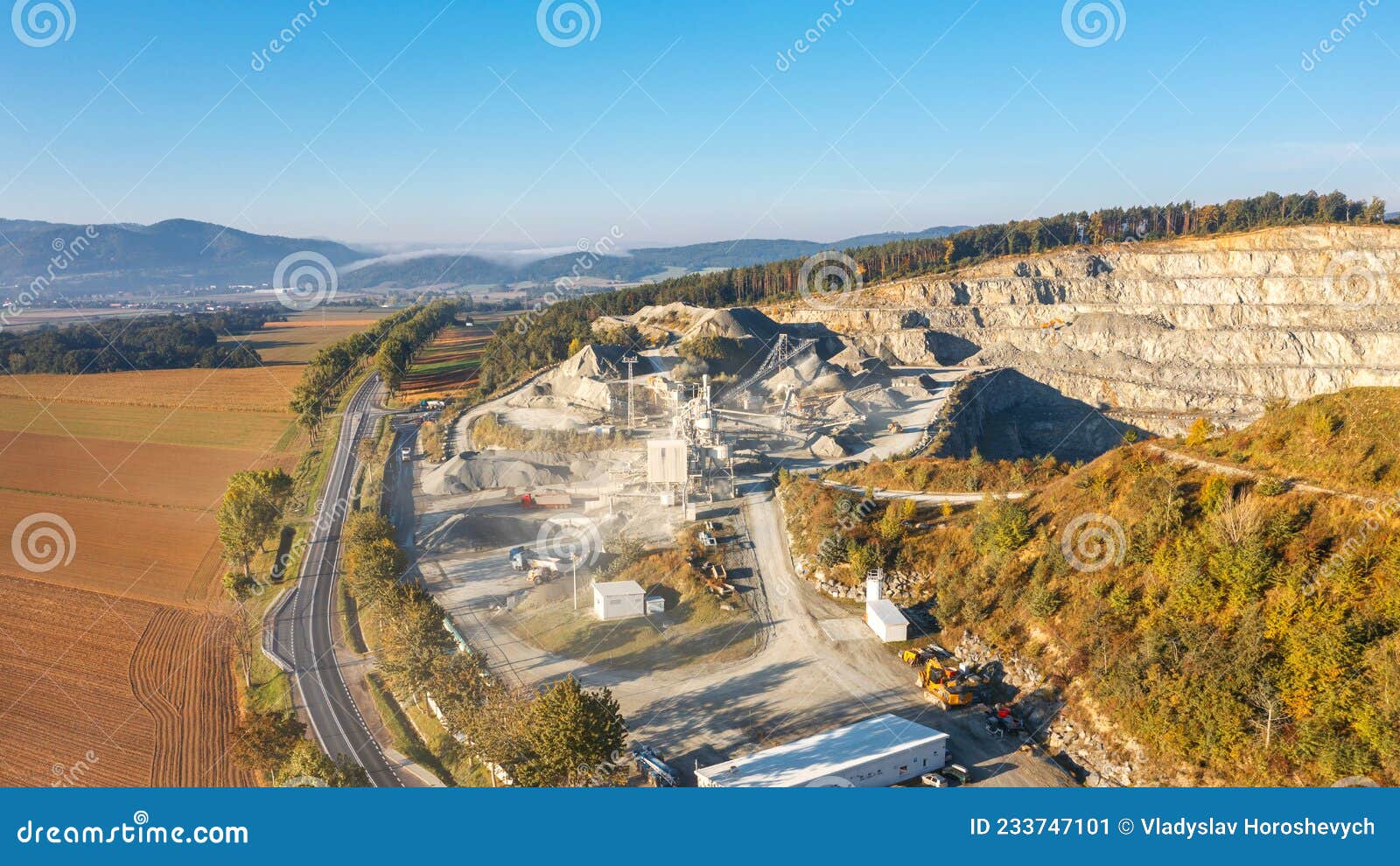 Aerial View of a Quarry with a Lot of Work Equipment, Mining of Stone ...