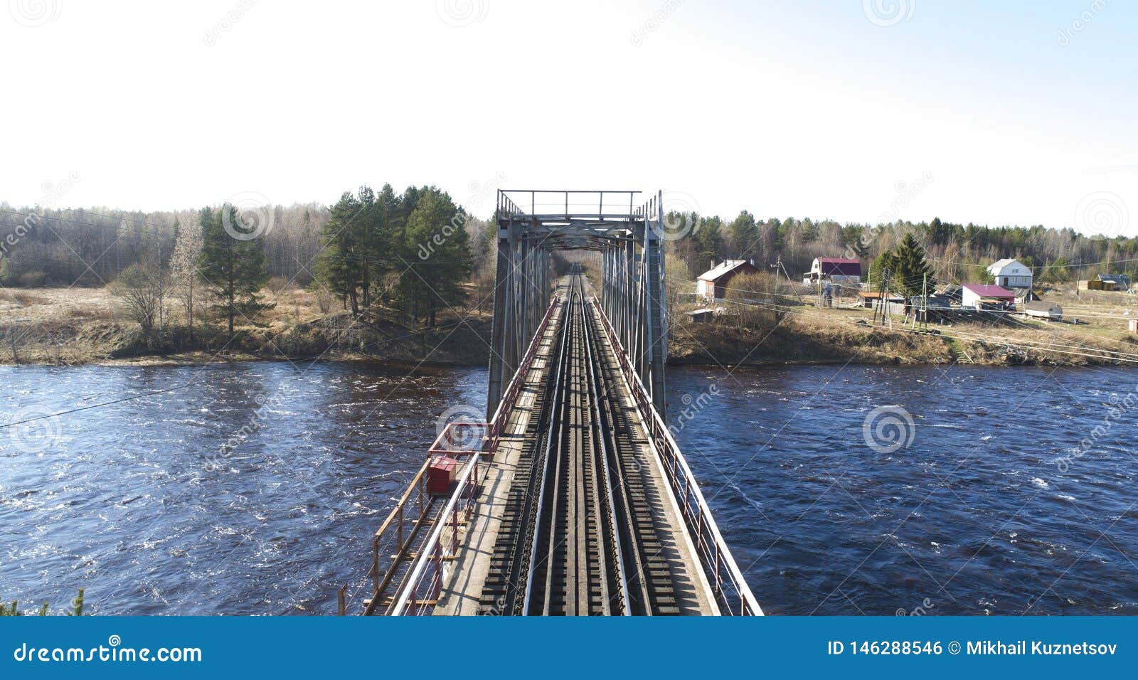 Aerial View on the Rail Bridge Across the River in Rural Place in ...