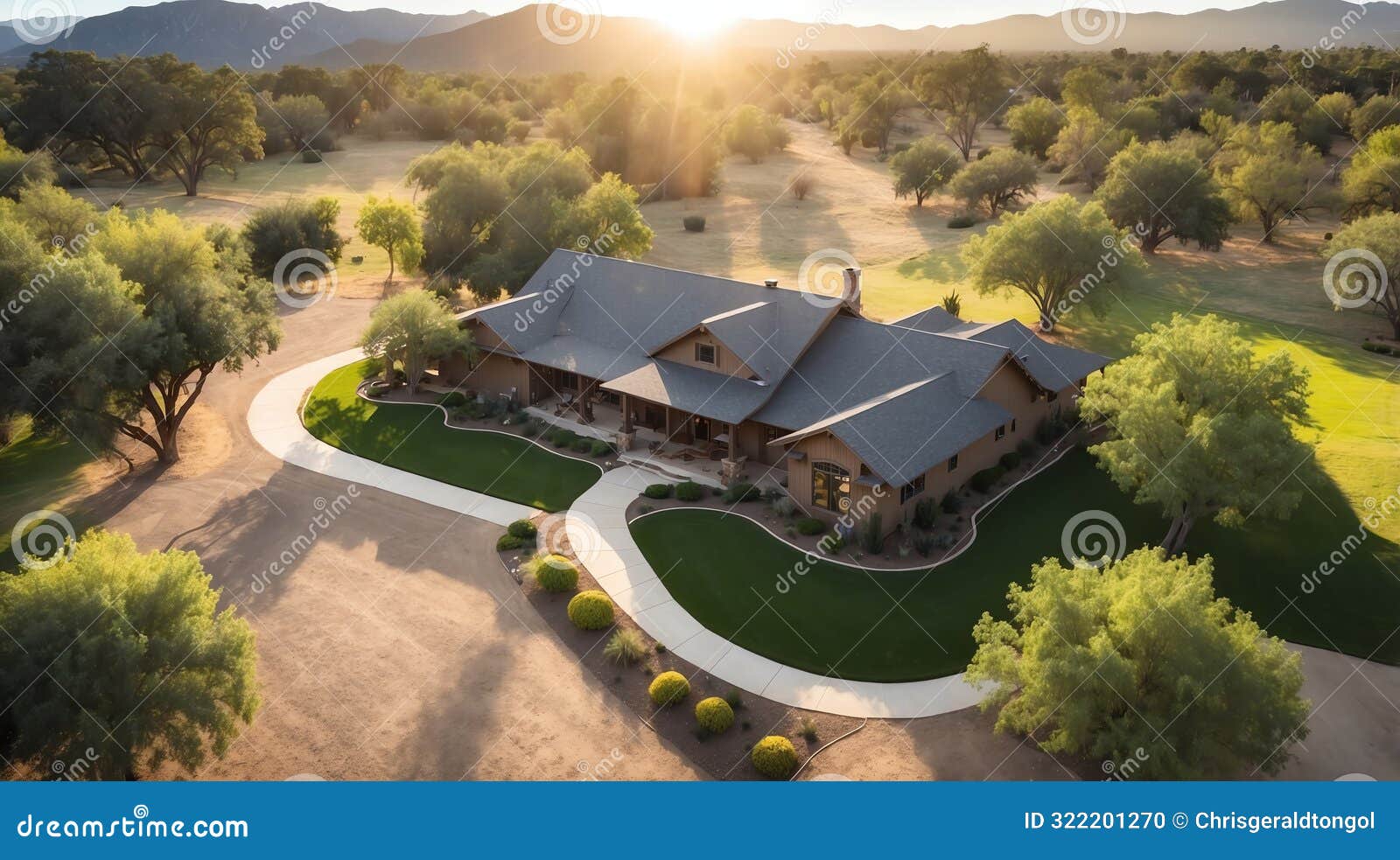 Aerial View of Ranch Style House with Dramatic Sun Lighting and a Ai ...