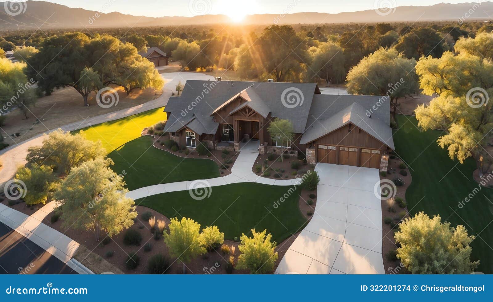 Aerial View of Ranch Style House with Dramatic Sun Lighting and a Ai ...