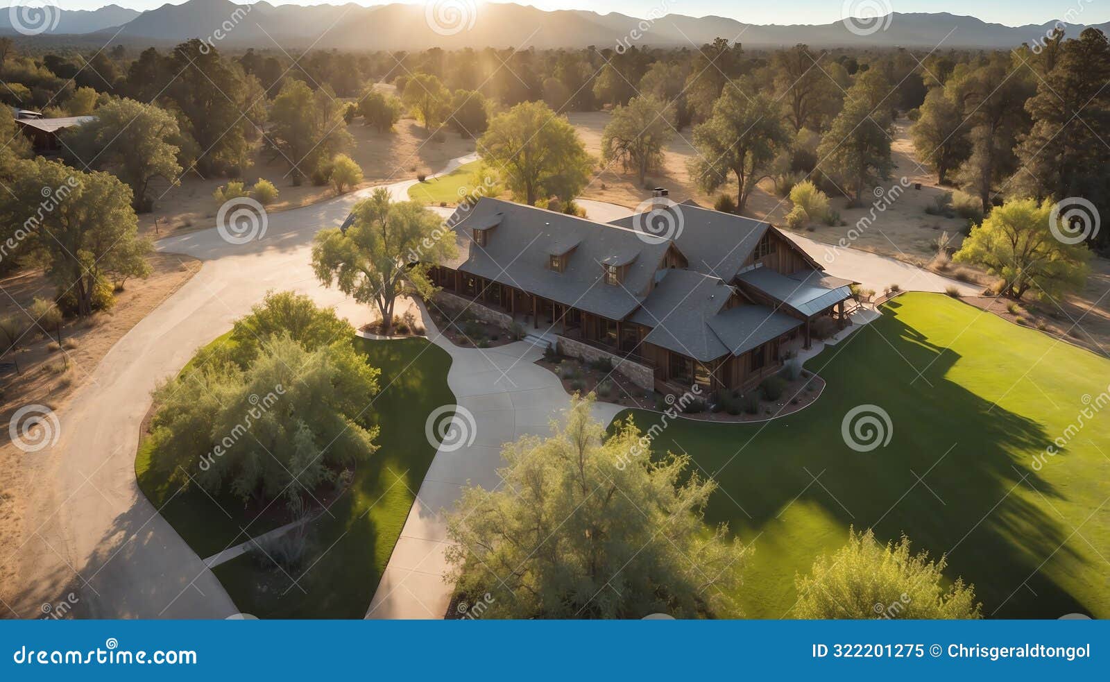 Aerial View of Ranch Style House with Dramatic Sun Lighting and a Ai ...