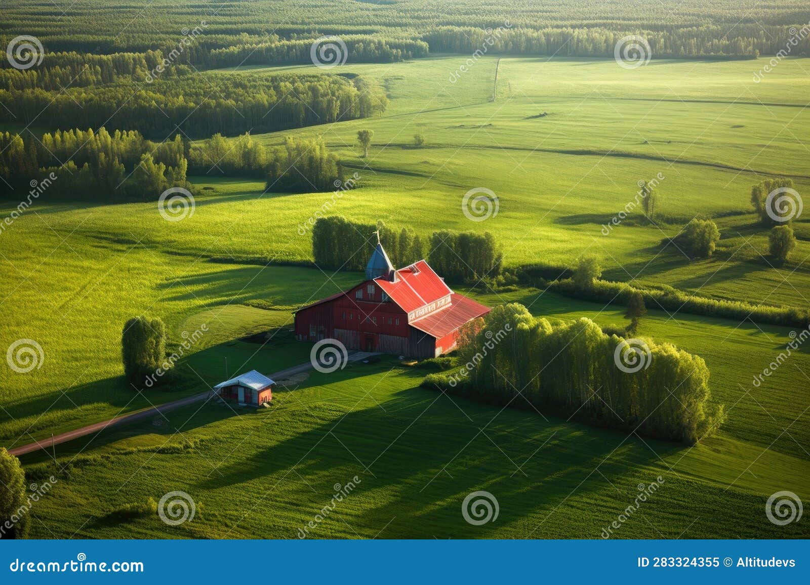 Aerial View of a Red Barn in a Green Countryside Stock Image - Image of ...