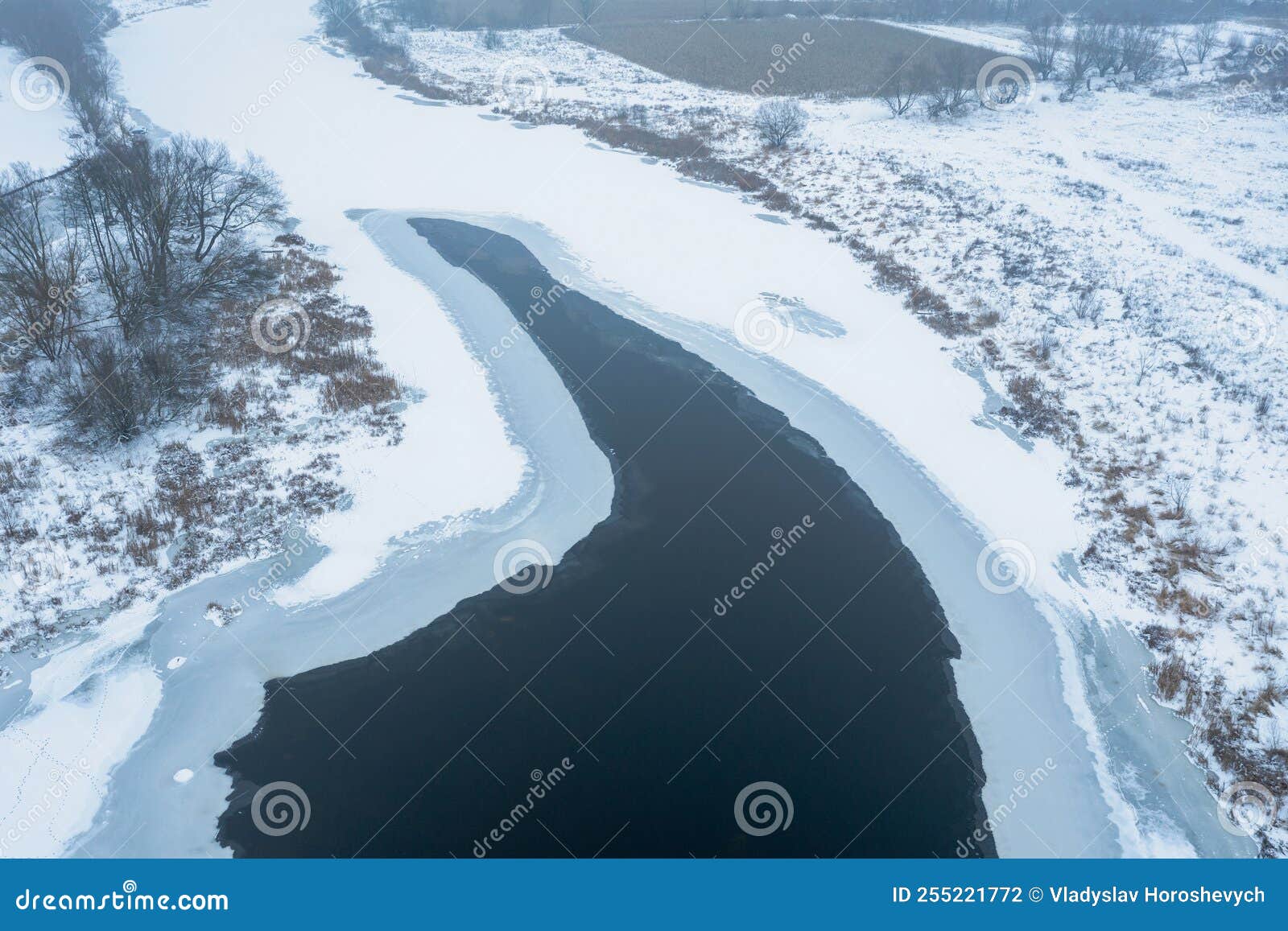 Aerial View of the River Covered with Ice, Thaw, Melting Ice on the ...