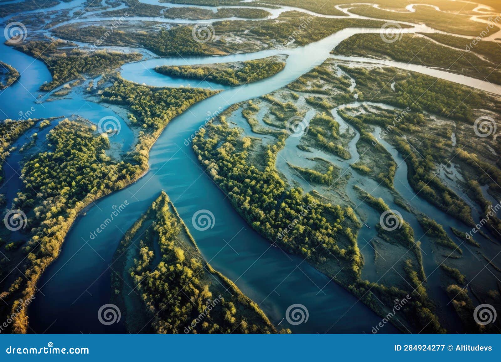 Aerial View of River Delta Branching into the Sea Stock Illustration ...