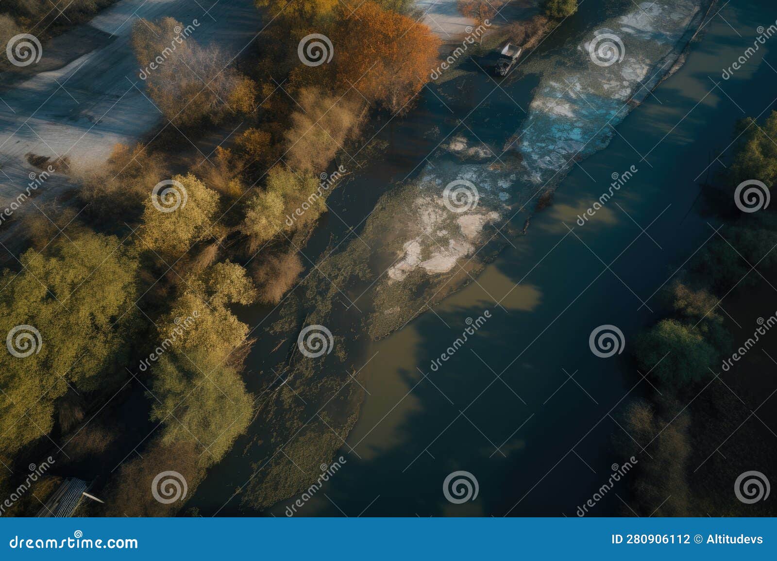 An Aerial View of a River, with the Polluted Water Visible and ...