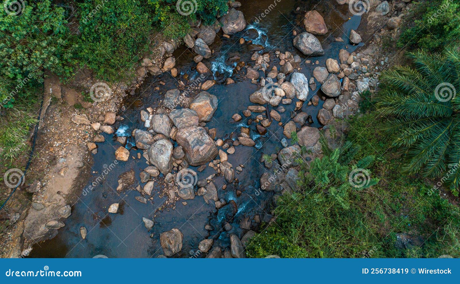 Aerial View of a River Stream Passing with Rocks in the Middle and ...