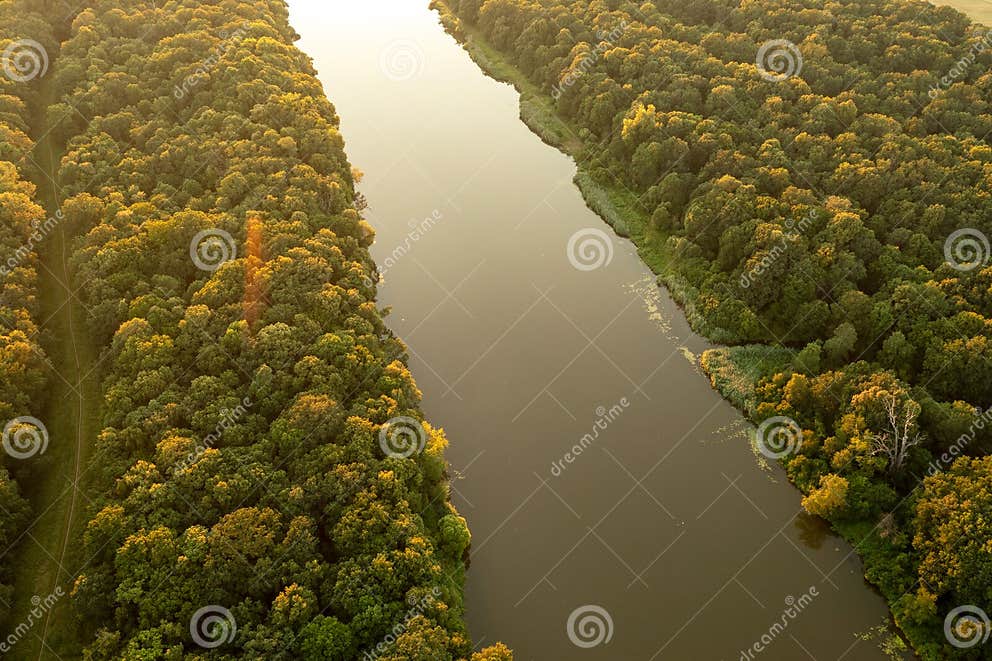 Aerial View of the River at Sunset in Summer Stock Image - Image of ...