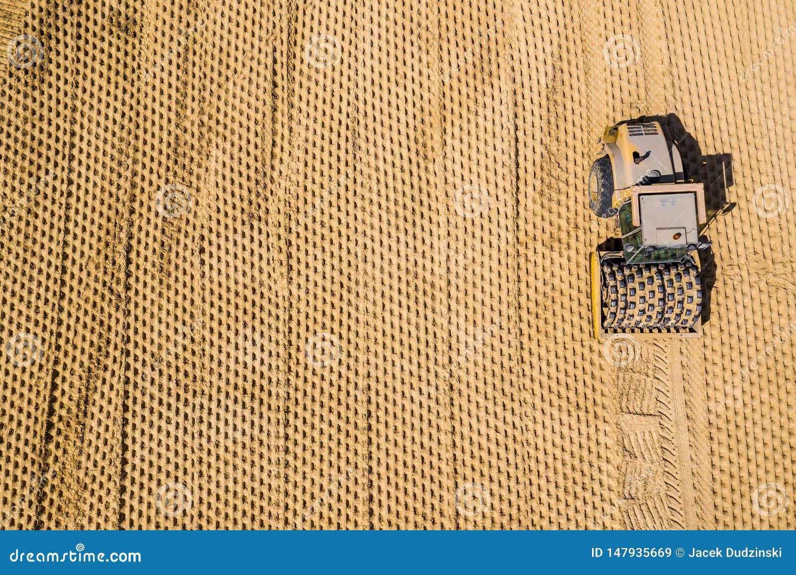 Aerial View. Roller Steamroller or Vibratory Roller Machine Working on ...