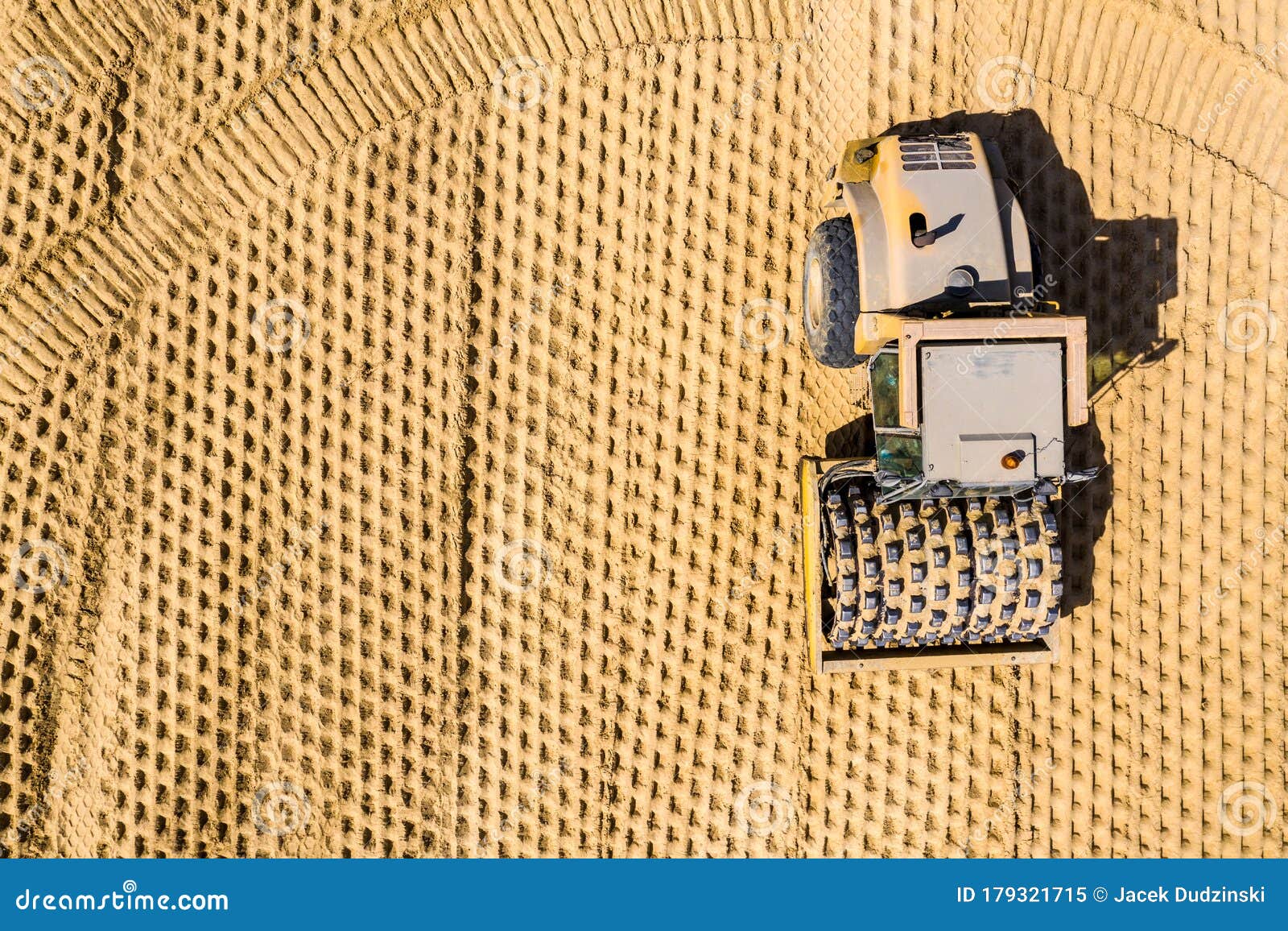 Aerial View. Roller Steamroller or Vibratory Roller Machine Working on ...