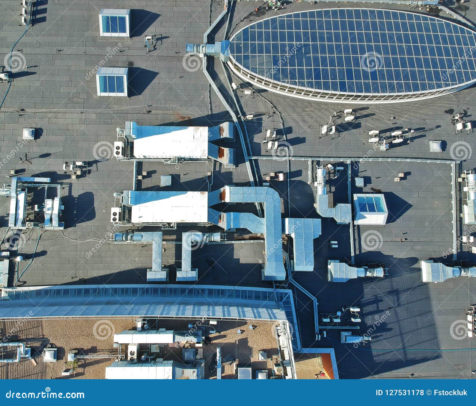 Aerial View of Rooftop with All Installations, Electrical, Ventilation ...