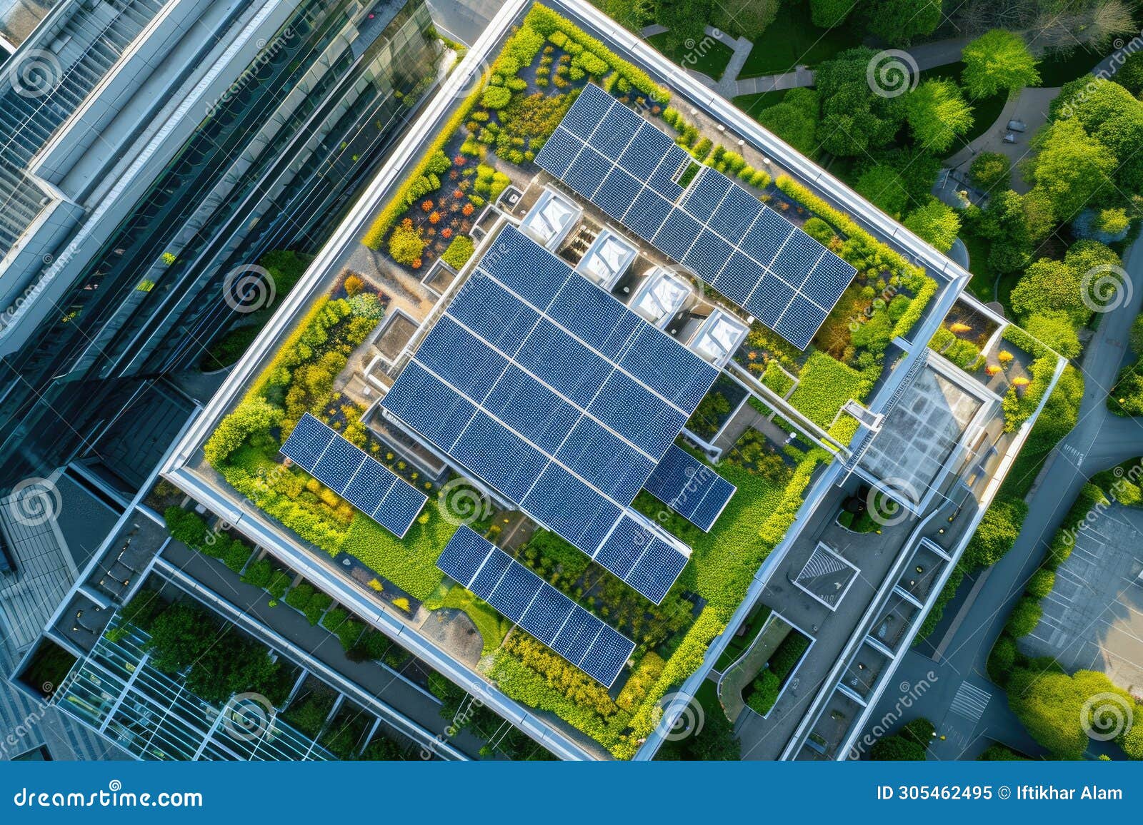 Aerial View of a Rooftop with Solar Panels, Aerial View of an Office ...