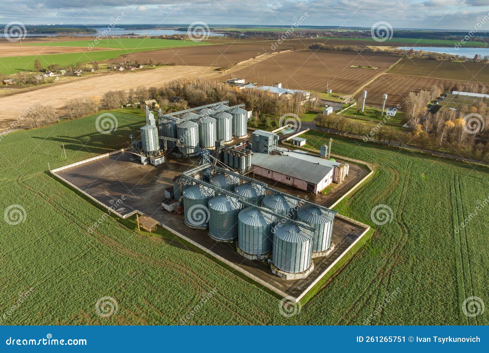 Aerial View on Rows of Agro Silos Granary Elevator with Seeds Cleaning ...