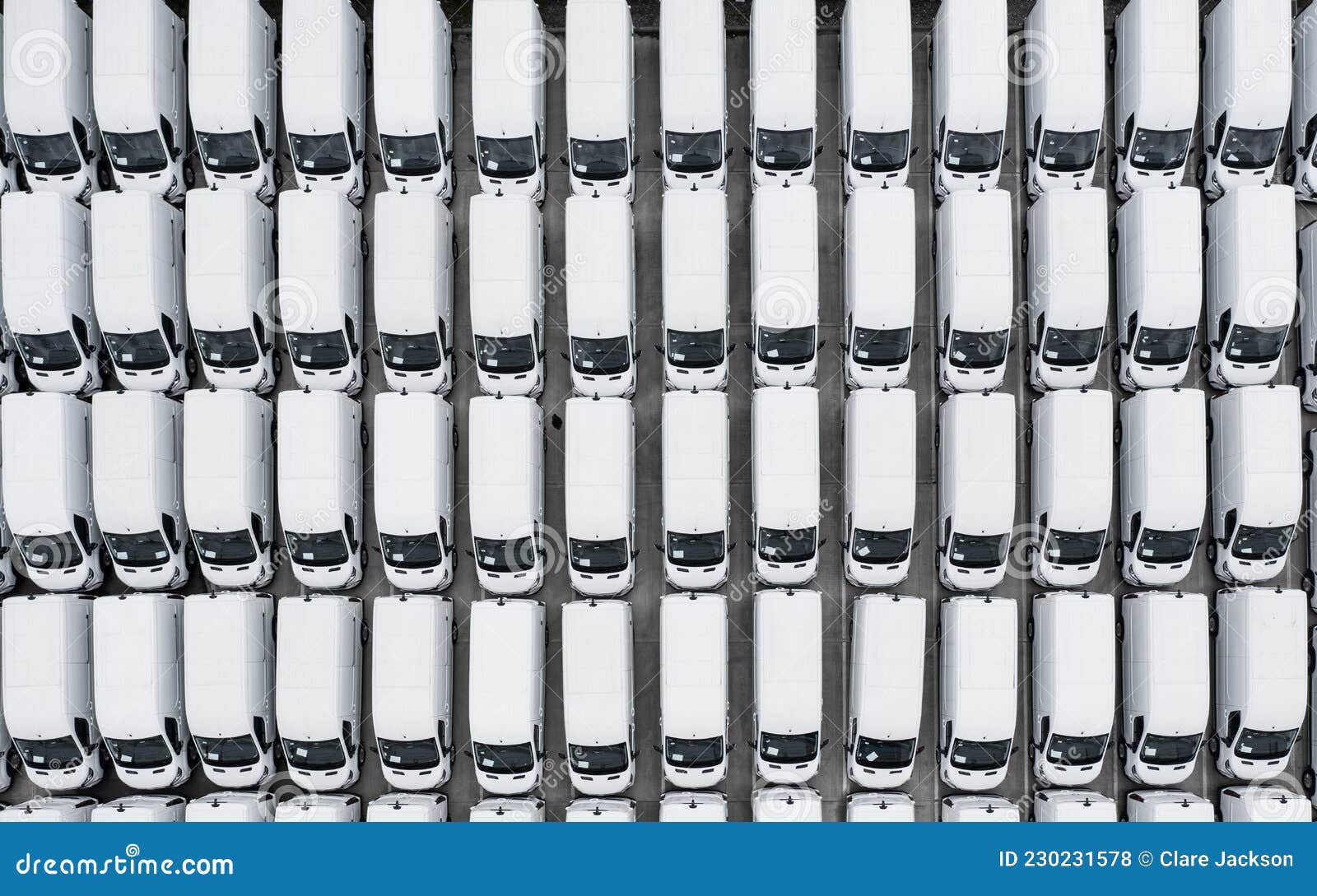Aerial View of Rows of New White Vans Parked Together Stock Photo ...