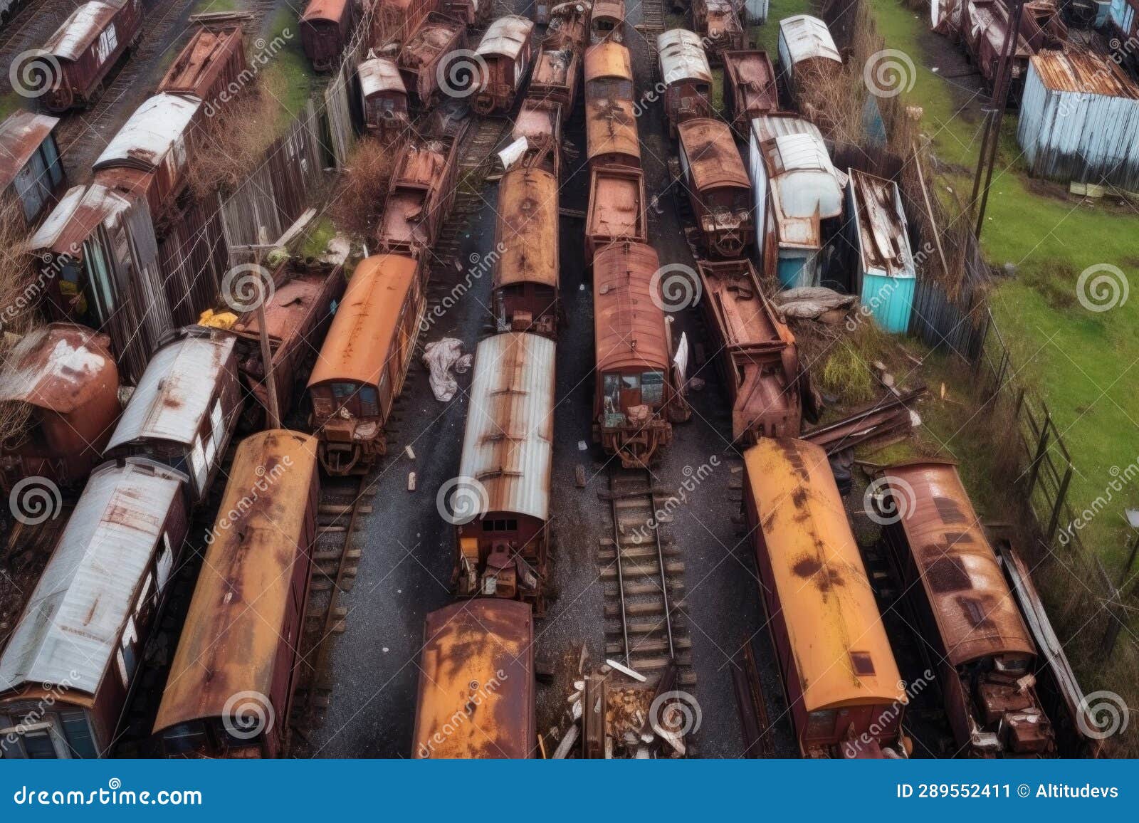 Aerial View of Rusted Train Cars in a Sprawling Graveyard Stock Image ...