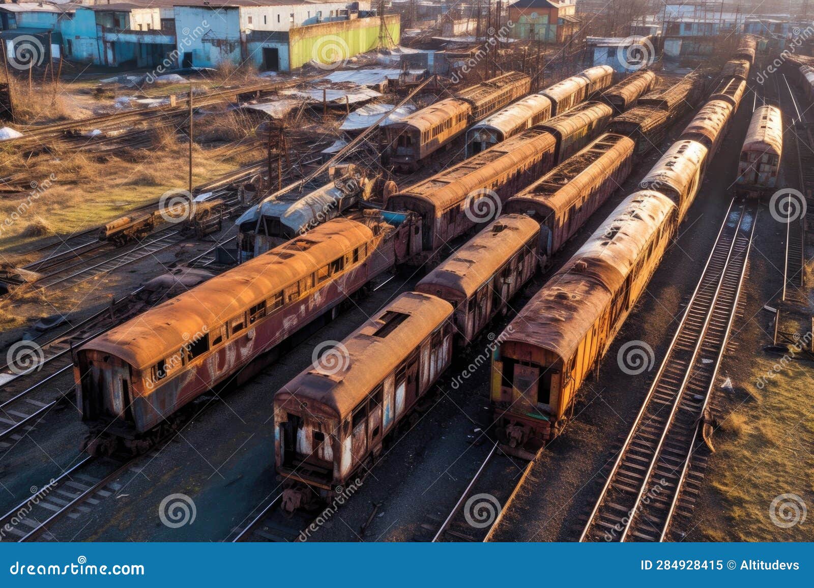 Aerial View of Rusted Trains in Abandoned Yard Stock Illustration ...