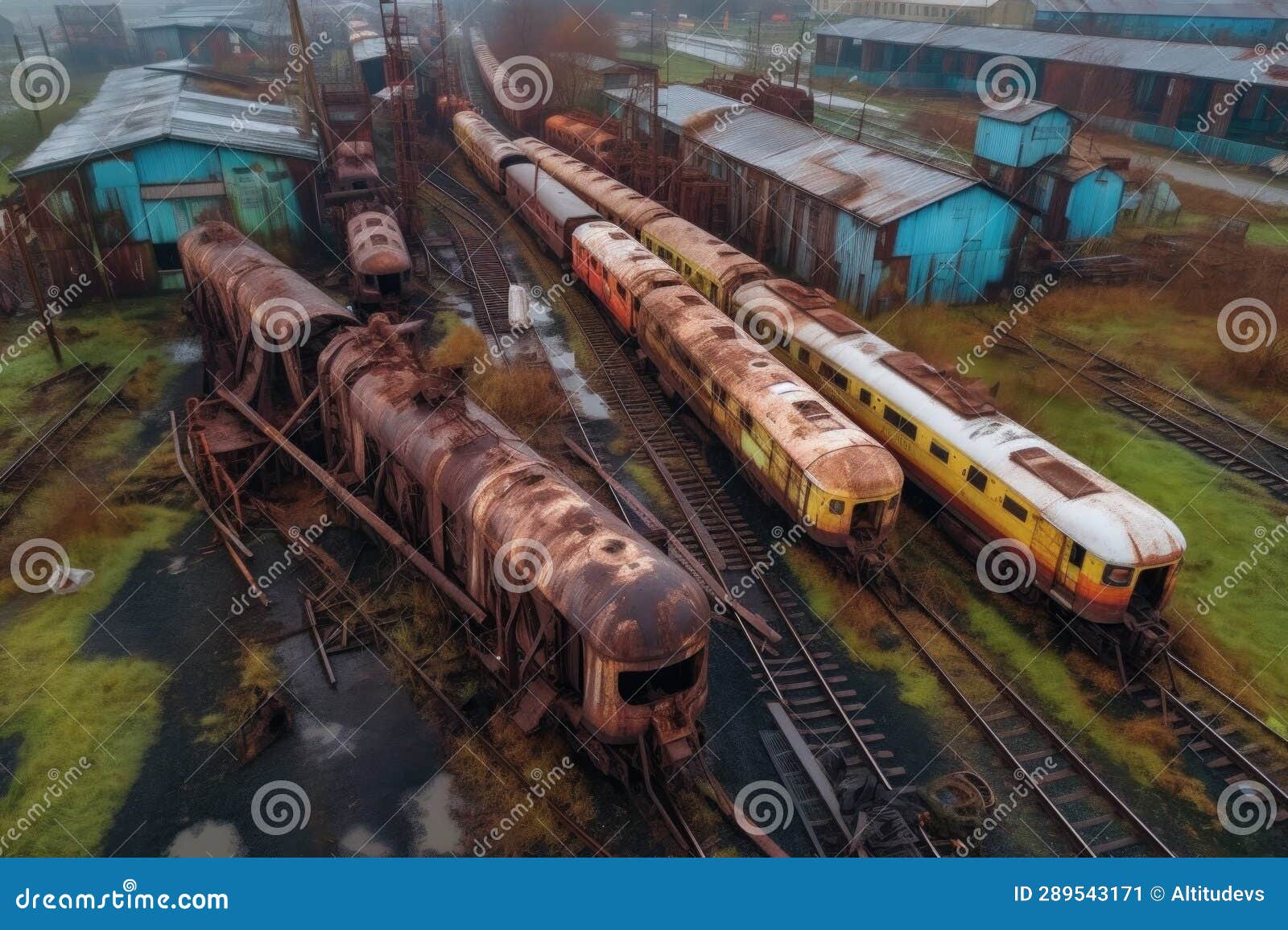 Aerial View of Rusted Trains in Abandoned Yard Stock Image - Image of ...