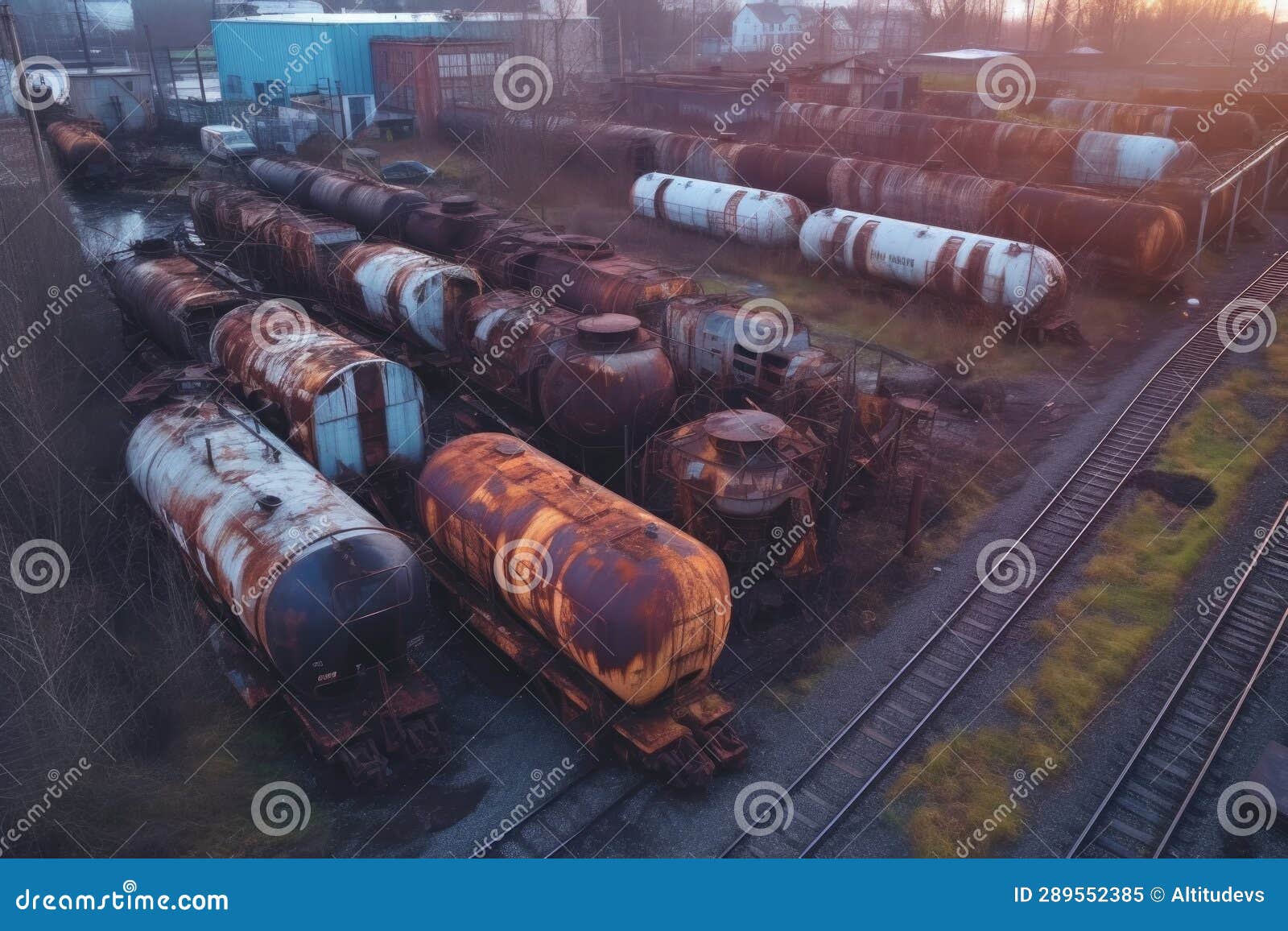 Aerial View of Rusted Trains in Abandoned Yard Stock Illustration ...