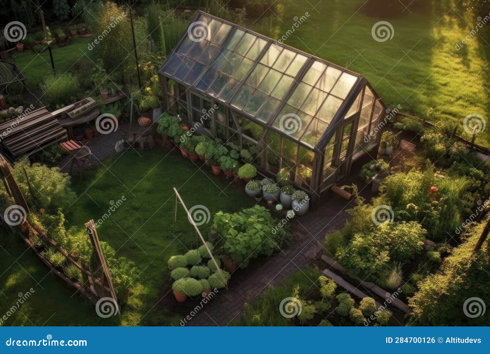 Aerial View of Rustic Greenhouse in a Garden Stock Photo - Image of ...