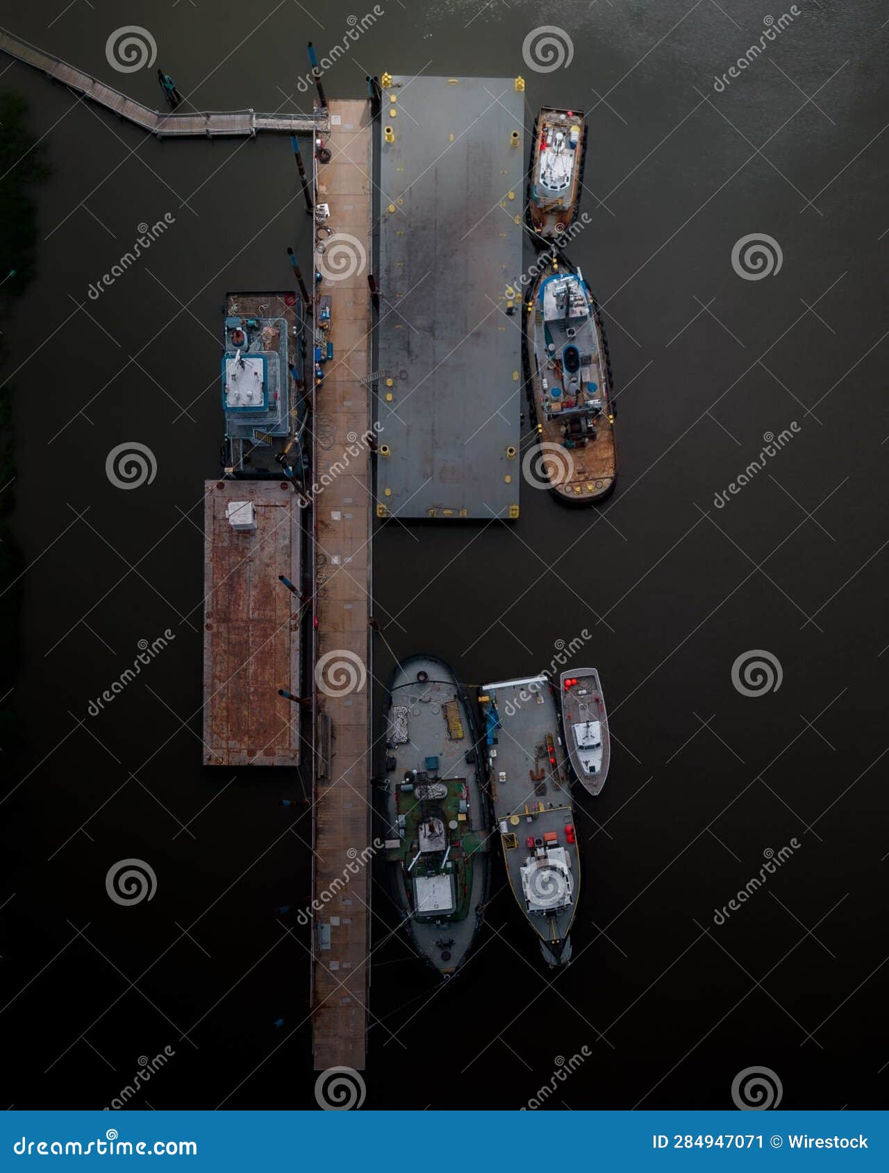 Aerial View of a Rusty Dock with Boats Parked Around it Stock Image ...