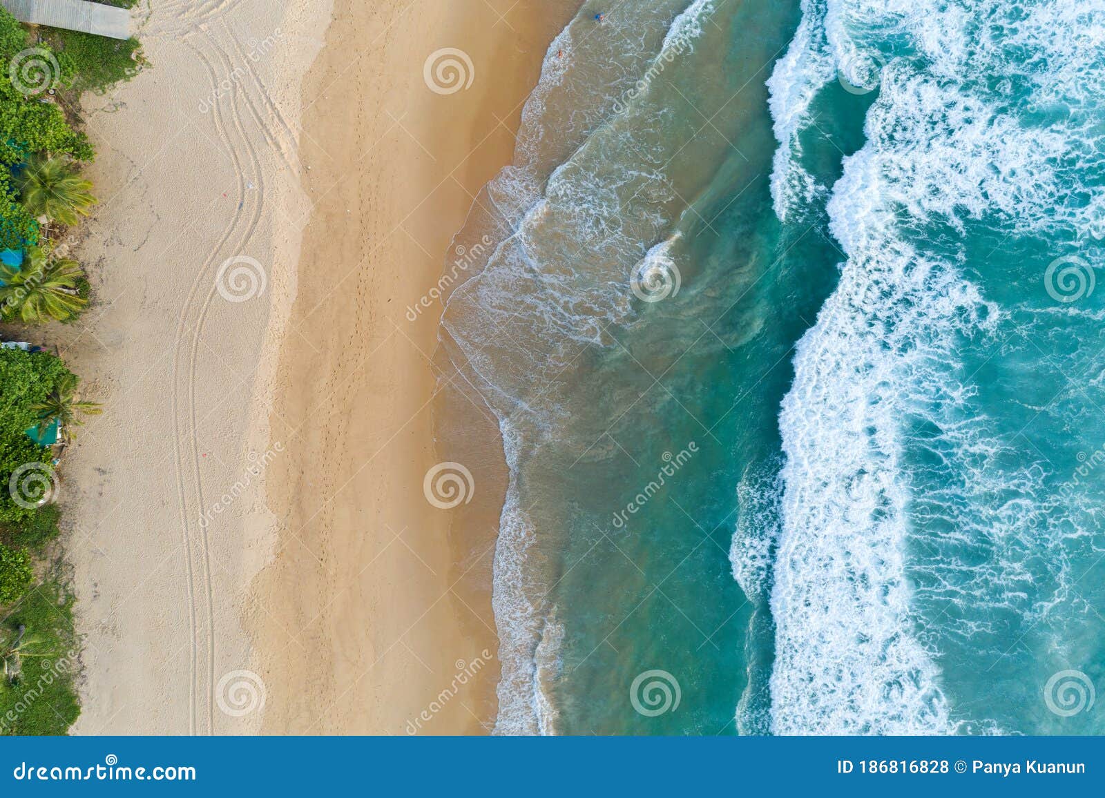 Aerial View Sandy Beach And Crashing Waves On Sandy Shore Beautiful