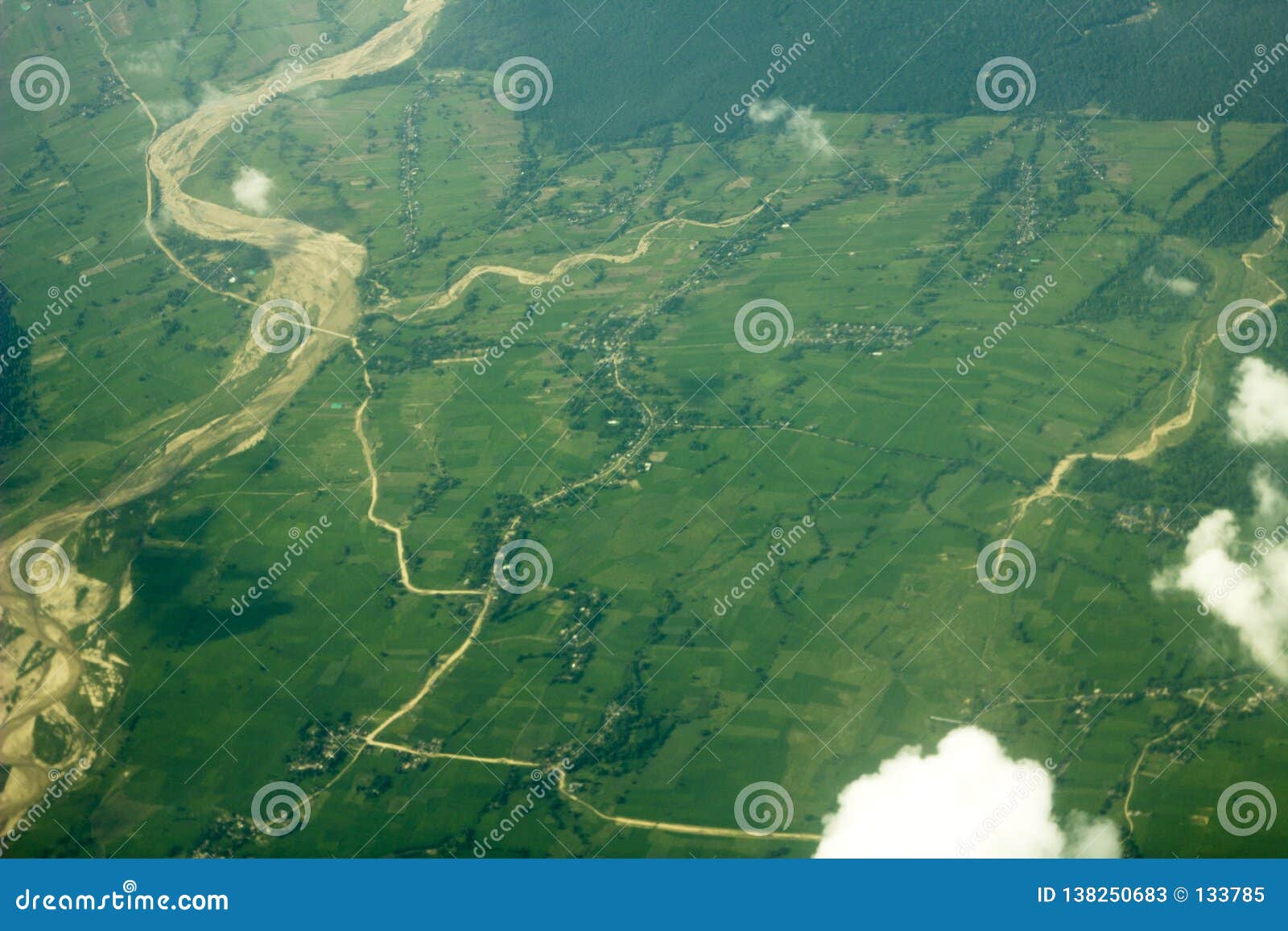 A Aerial View of the Sandy River Bed, Green Forests and Fields Stock ...