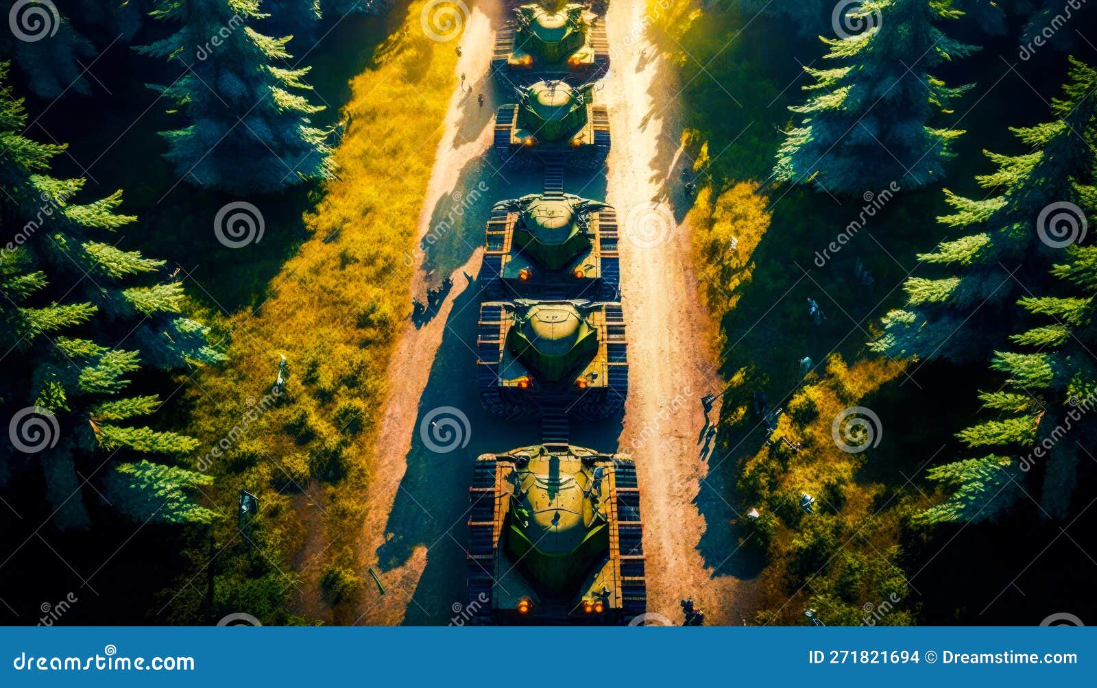 An Aerial View of Several Tanks Driving Down Road. Generative AI Stock ...