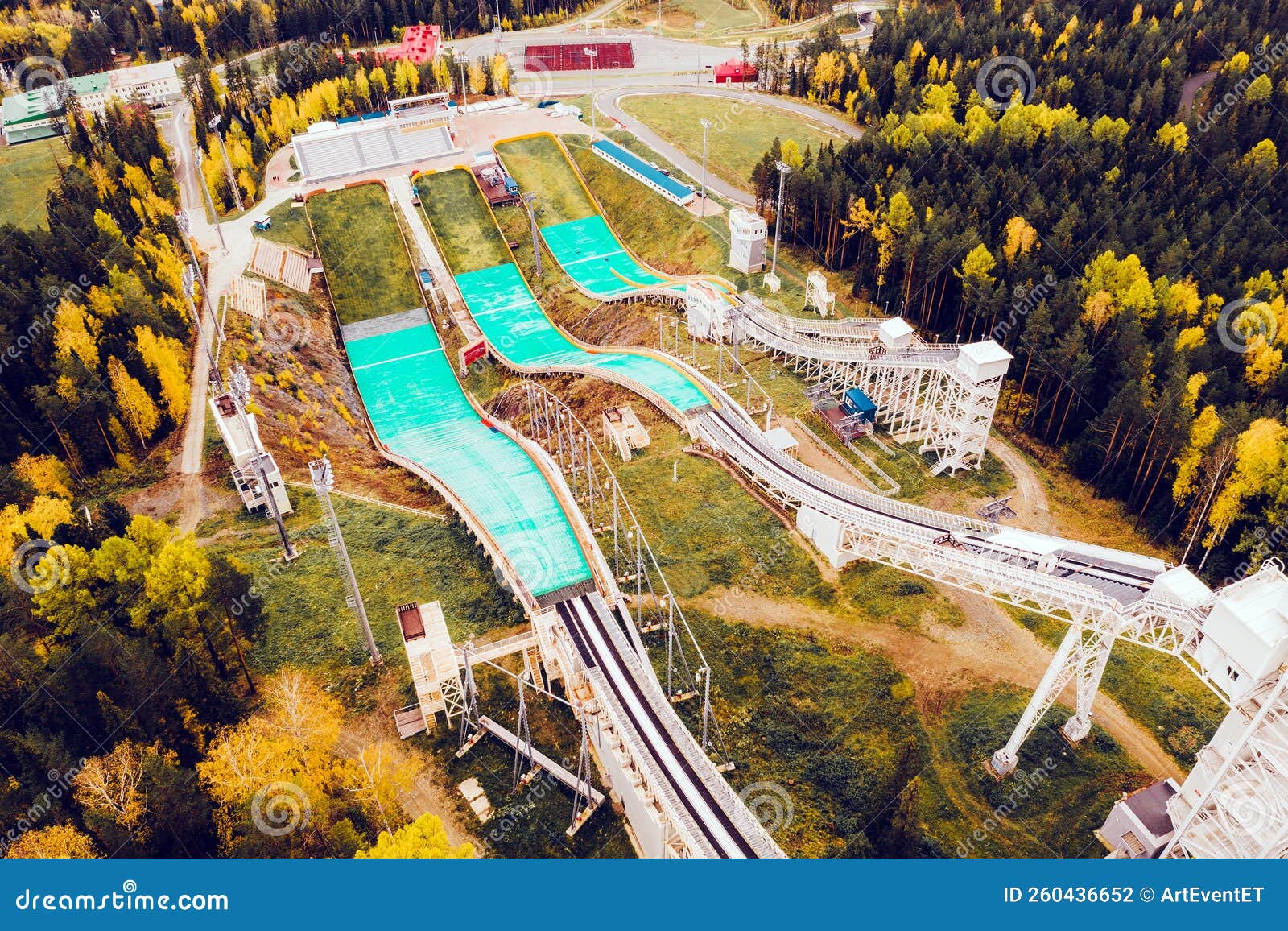 Aerial View of Ski Jumping Complex. Height of 120 Meters Springboard ...