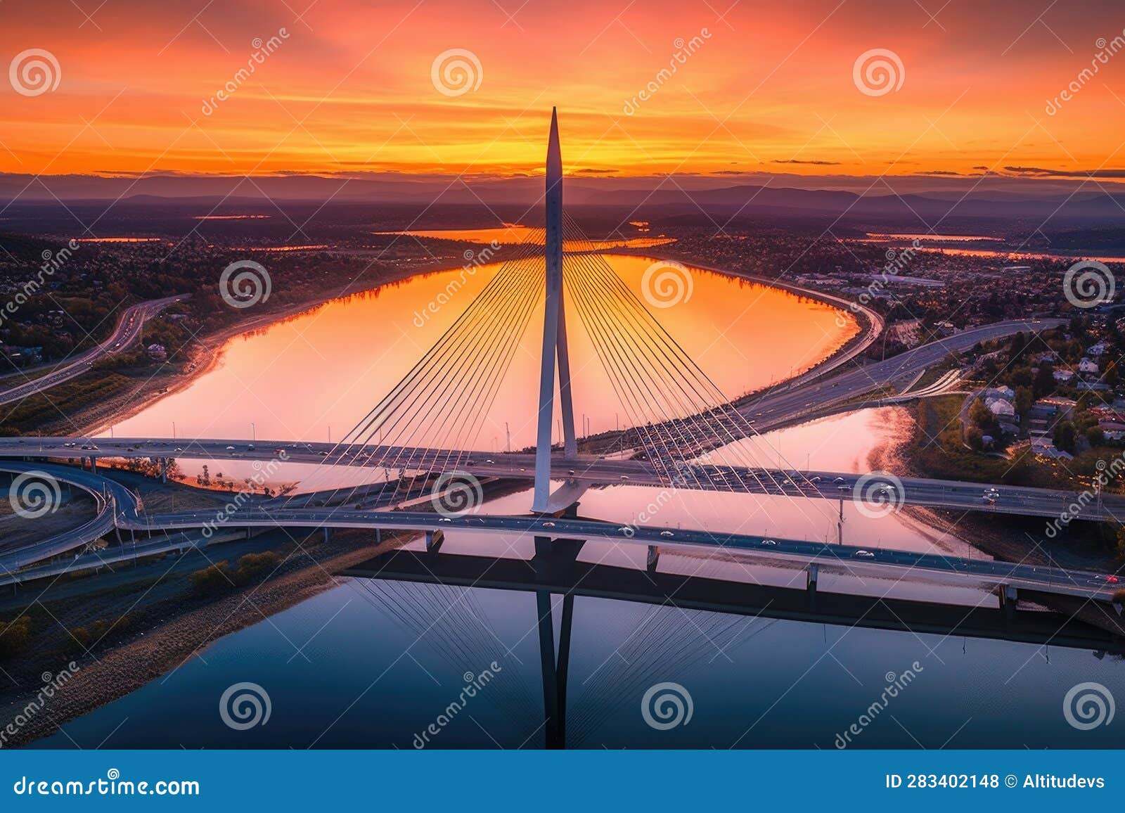 Aerial View of a Sleek Cable-stayed Bridge at Sunset Stock Photo ...