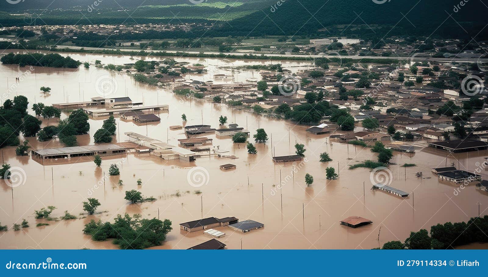Aerial View Of Small City After A Storm - Flooding Causes Devastation ...