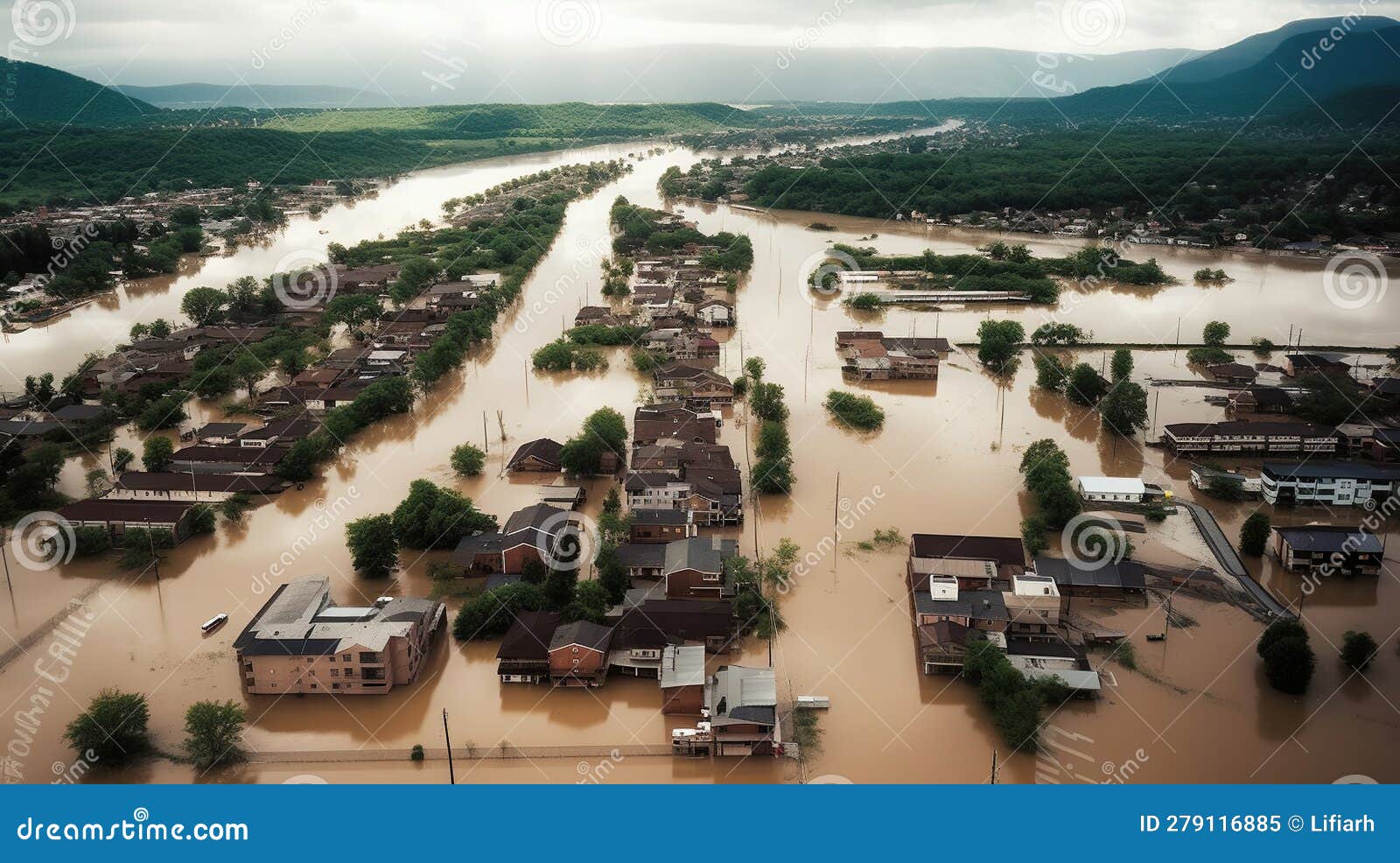 Aerial View Of Small City After A Storm - Flooding Causes Devastation ...