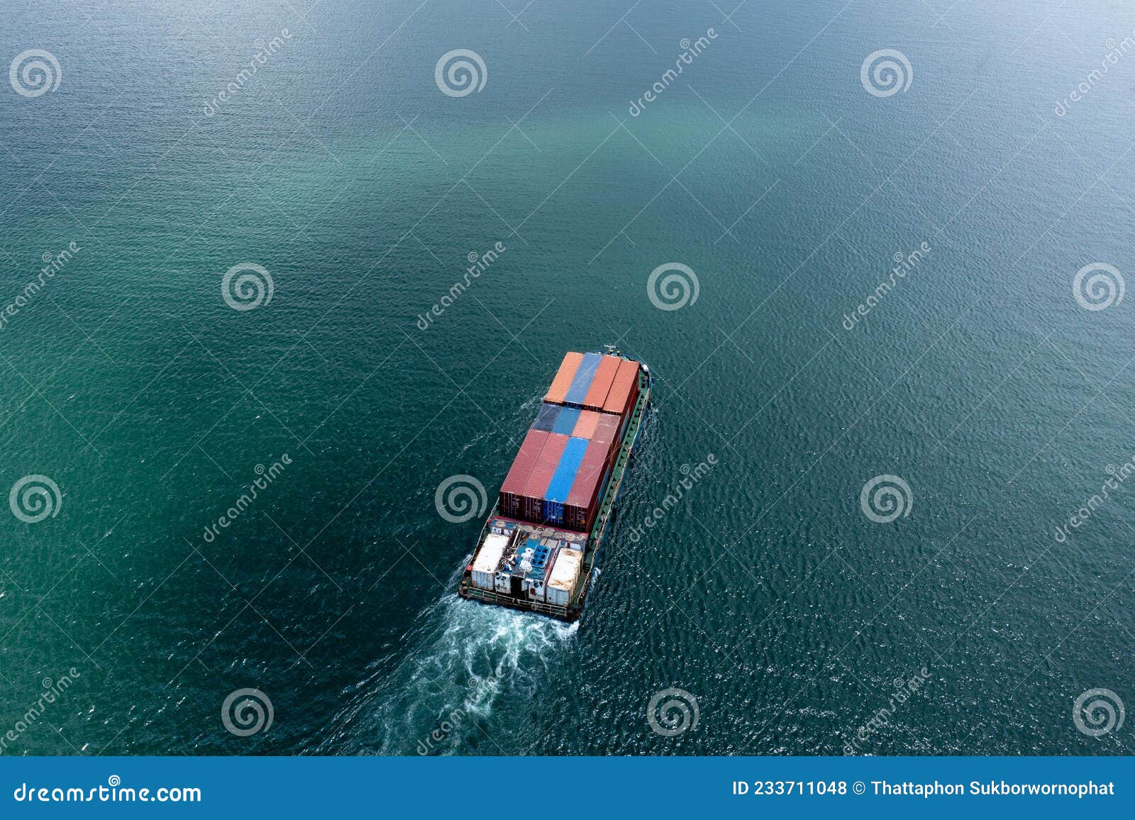 Small Container Ship Sailing in Green Sea Stock Photo - Image of ...