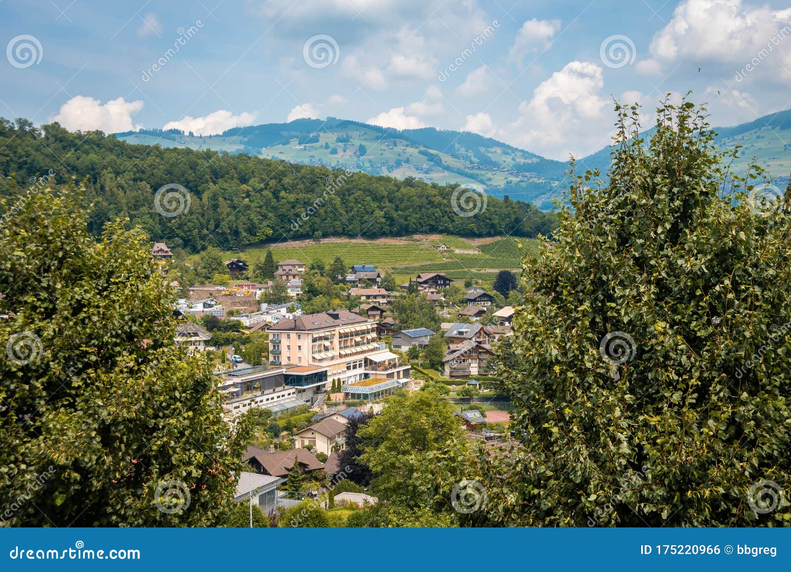 Aerial View of Small Swiss Town in Alps. Stock Photo - Image of green ...