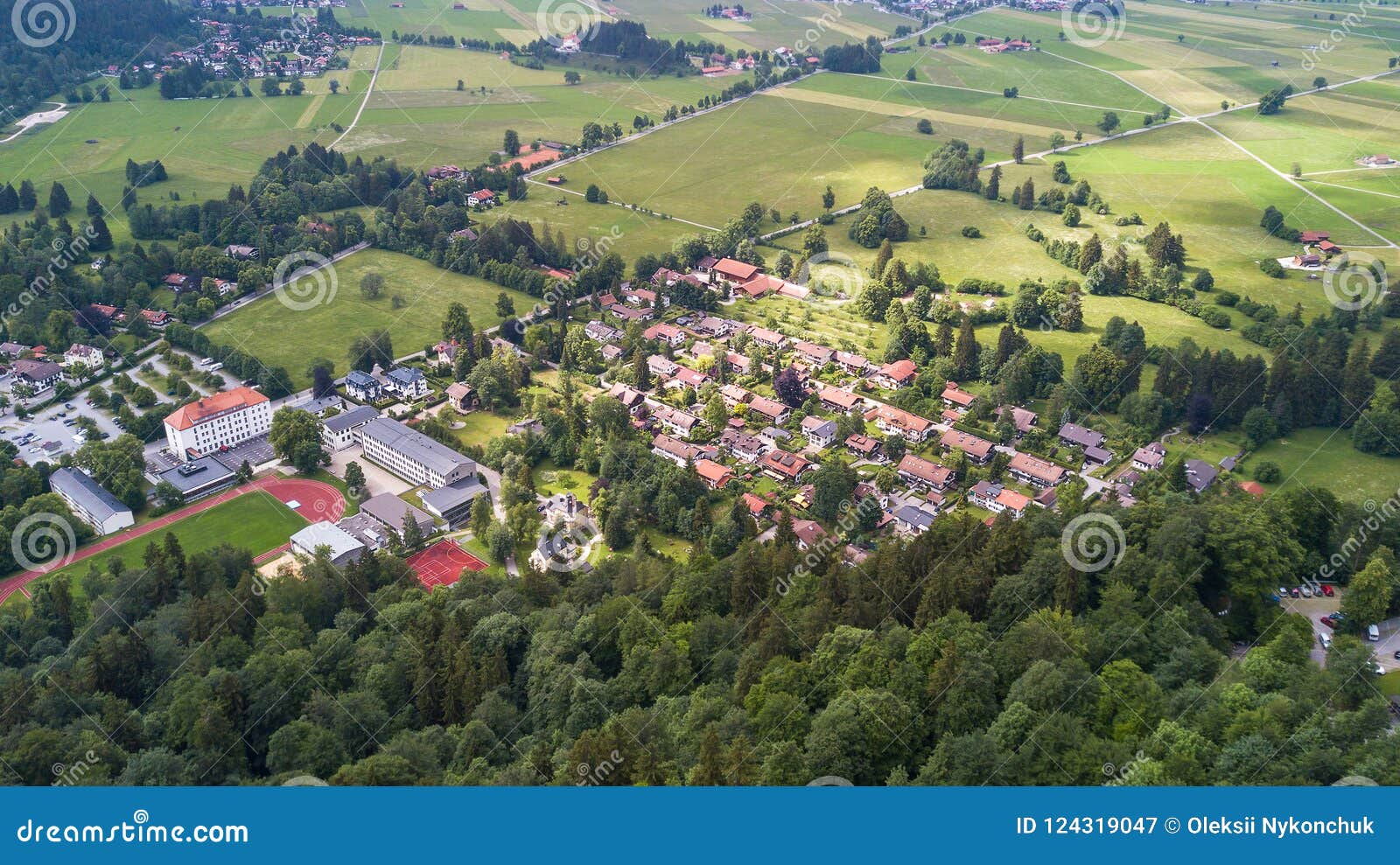 Aerial View of a Small Town in the Alpine Mountains Stock Image - Image ...