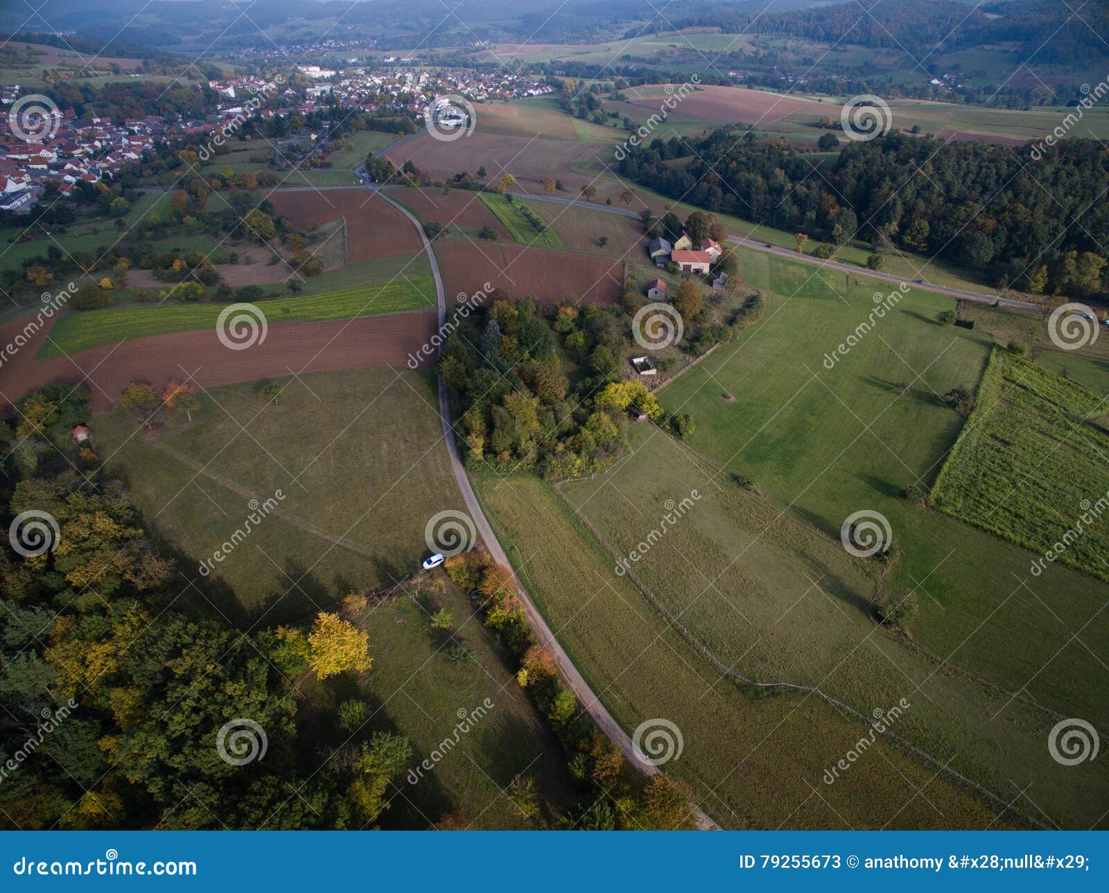 Aerial View: Small Town, Fields and Trees in Autumn Stock Image - Image ...